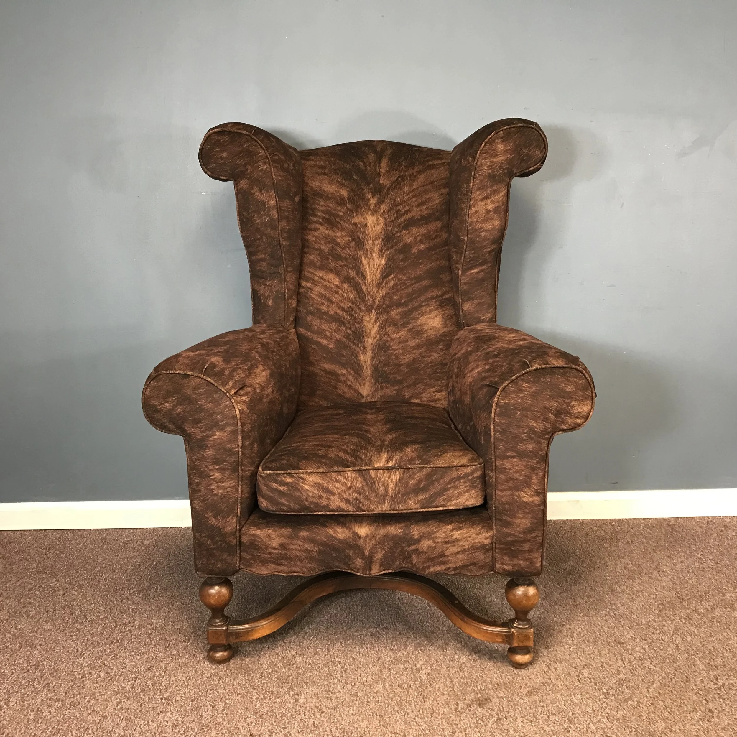 William & Mary Style Faux Hide Upholstered Wingback Chair — Ardesh