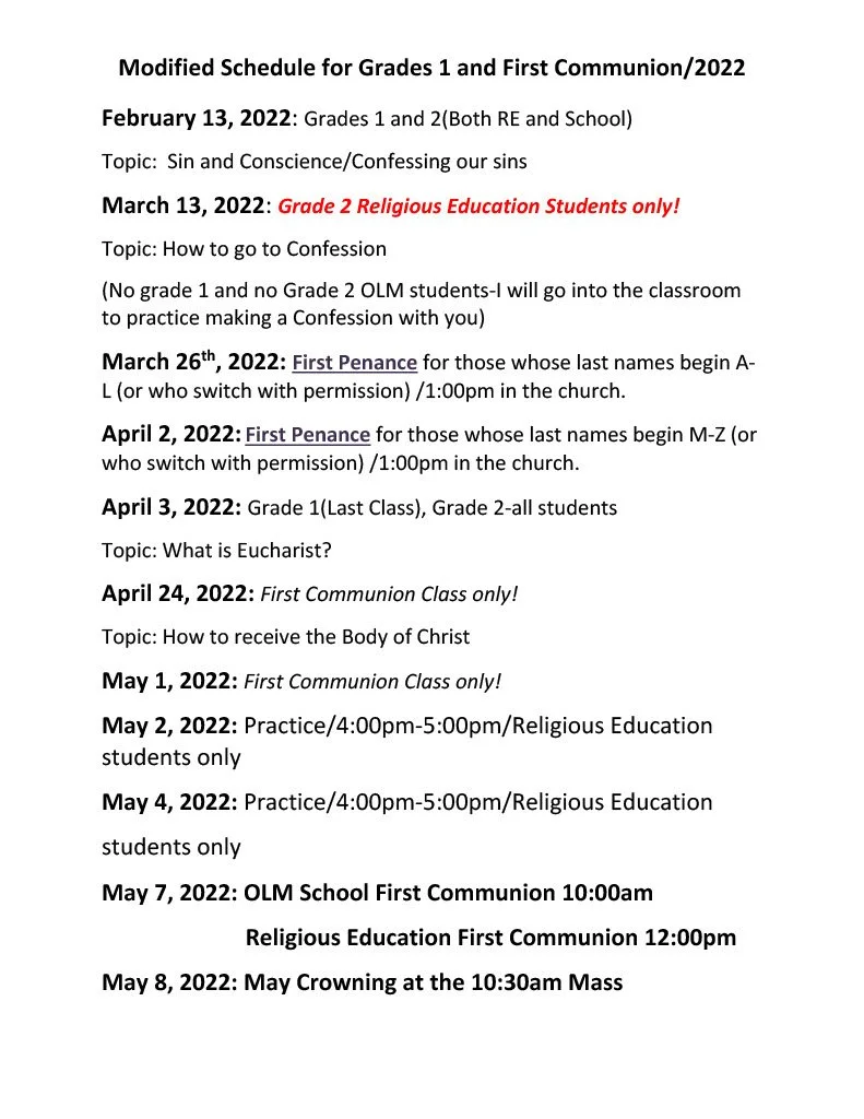 Religious Education Class Schedule Updated — Our Lady of Mercy