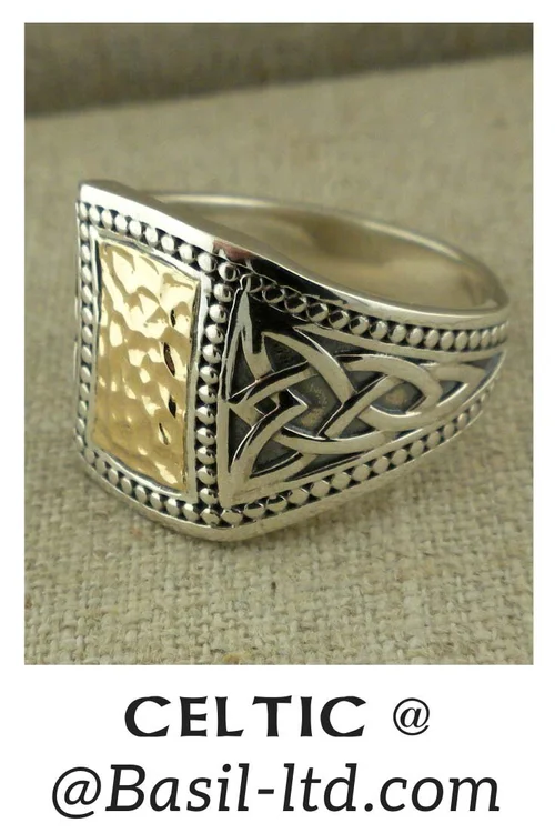 Sterling & 10K Large Celtic Knot Signet Ring with Hammered Center ...