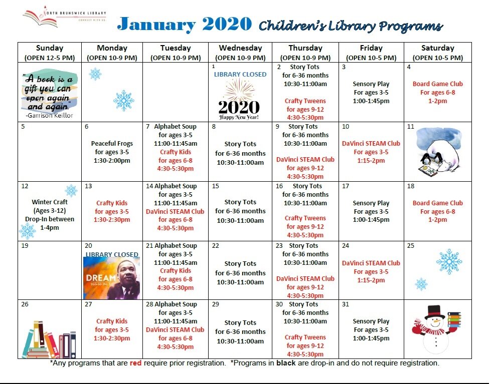 January 2020 Children's Programs Calendar — North Brunswick Public Library