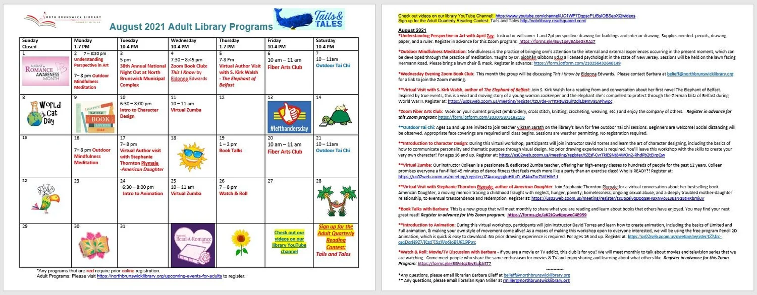 August 2021 Adult Library Programs — North Brunswick Public Library