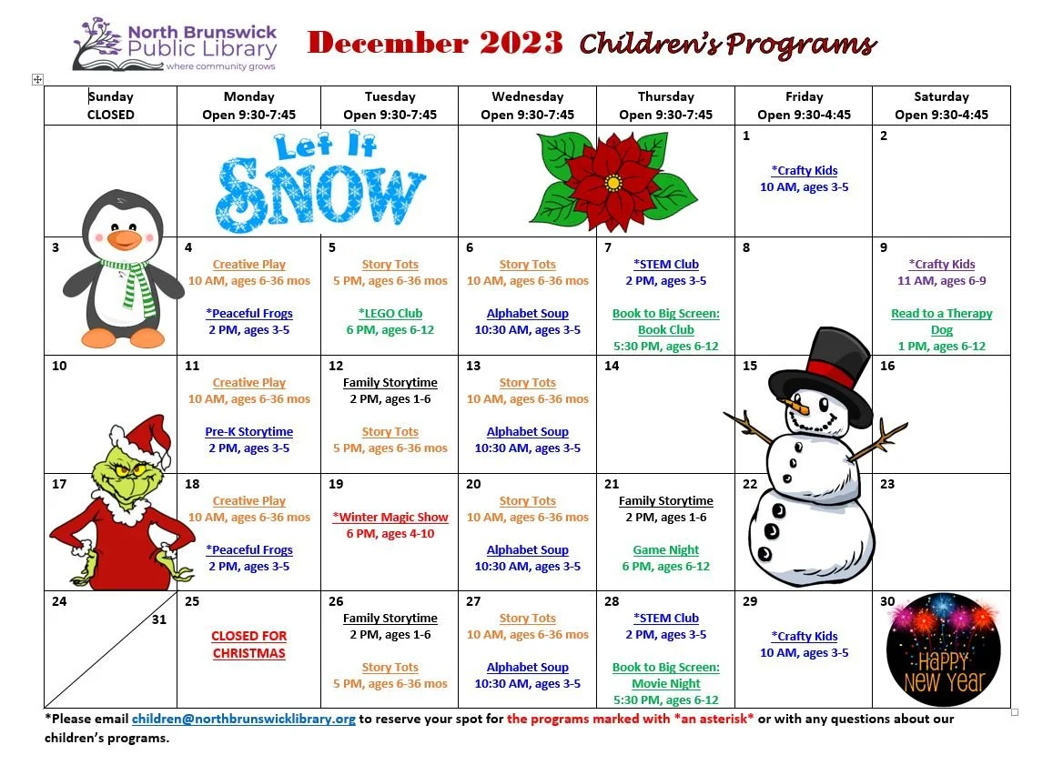 December 2023 Children's Programs — North Brunswick Public Library
