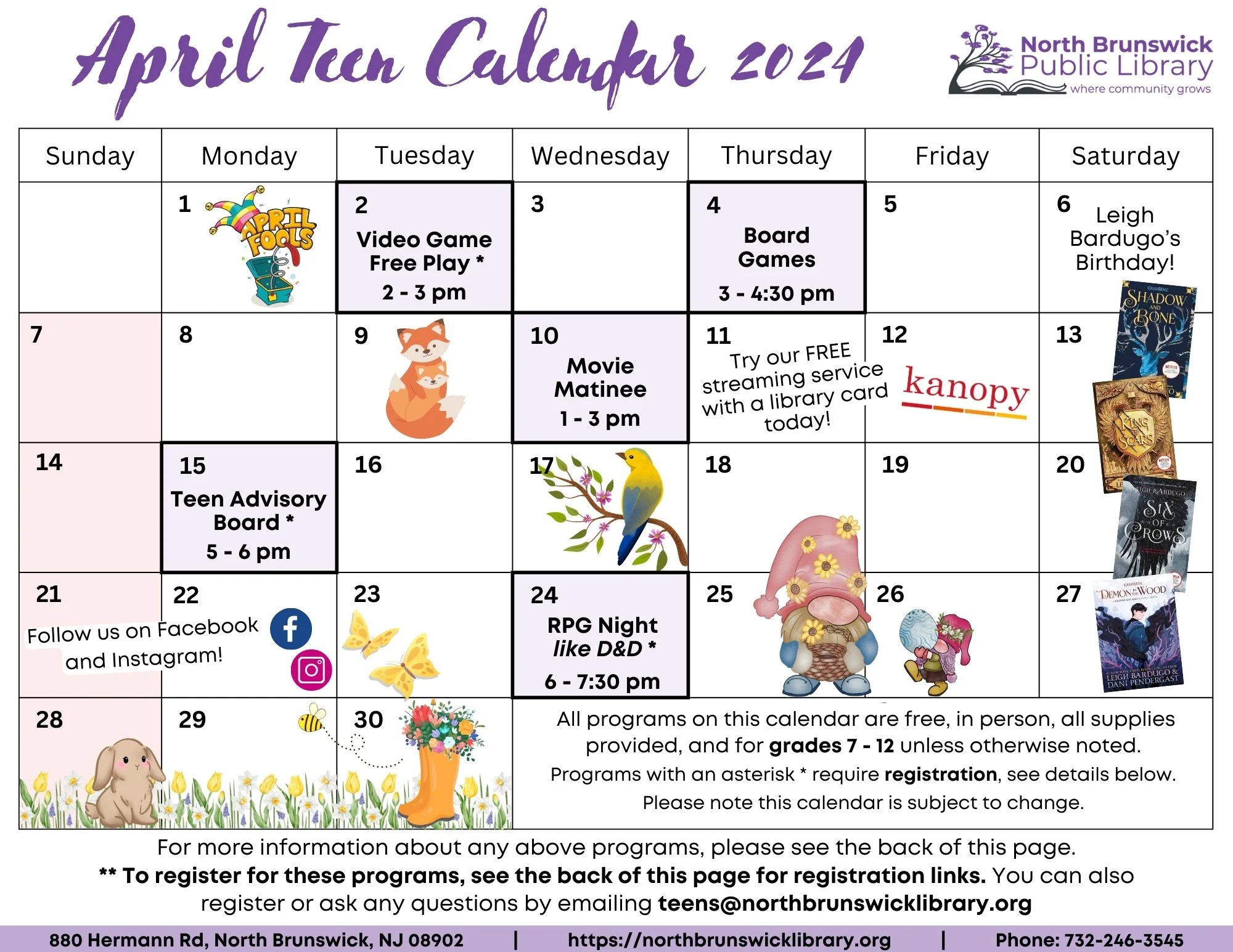 April 2024 Teen Calendar — North Brunswick Public Library
