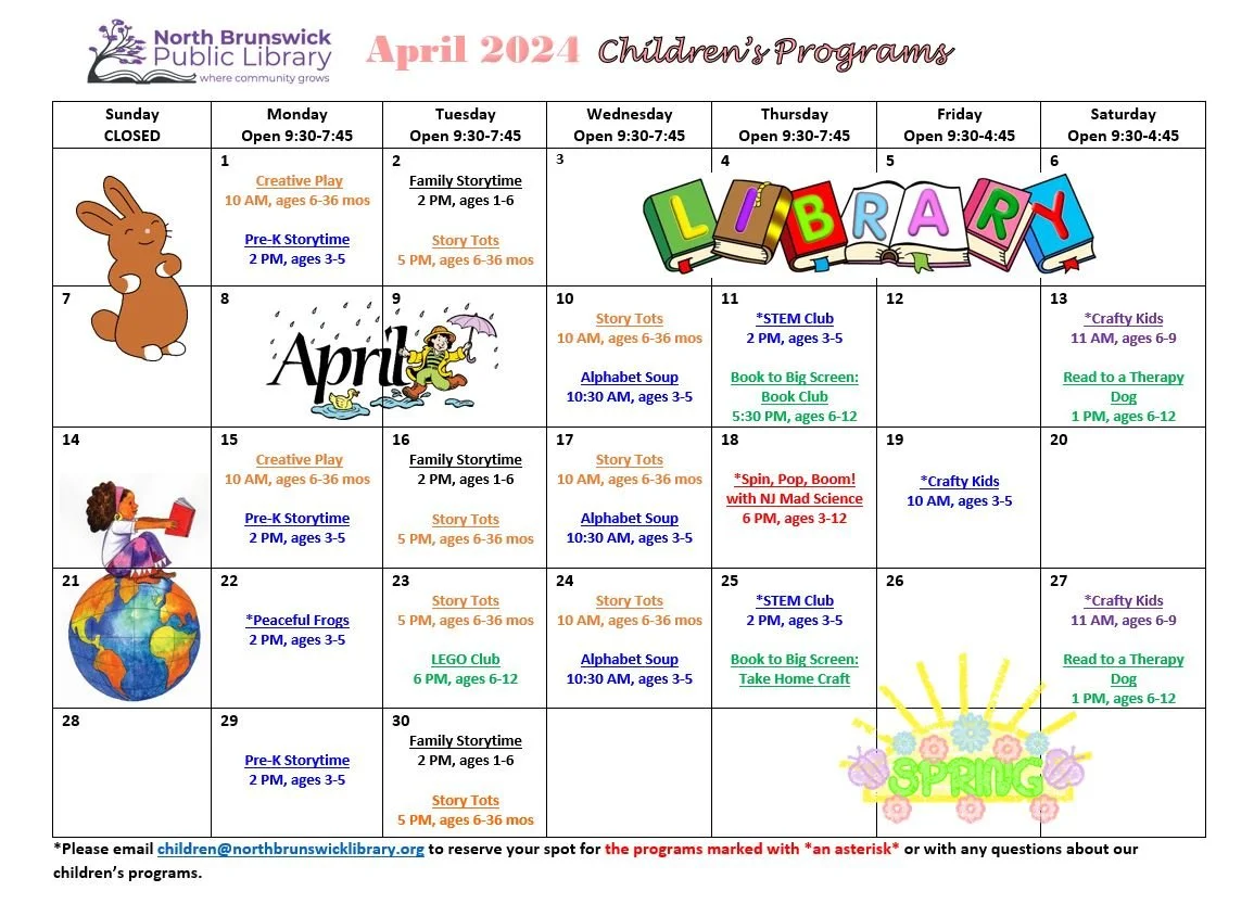 Children's Programs April 2024 Calendar — North Brunswick Public Library