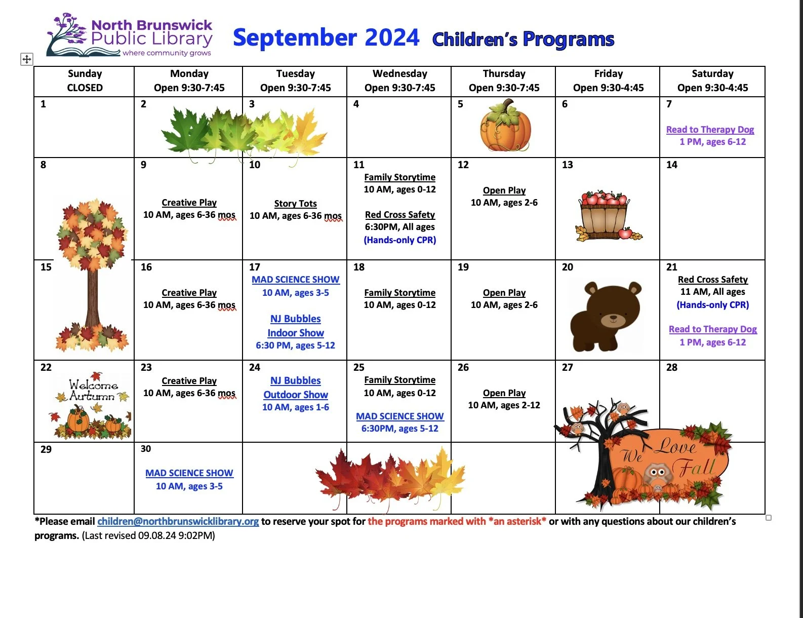 September 2024 Children's Room Calendar — North Brunswick Public Library