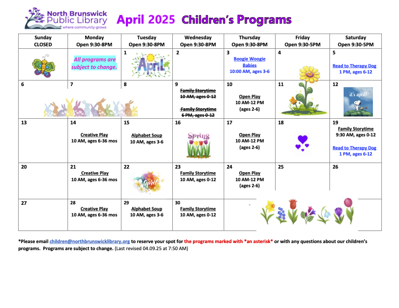 April 2025 Children's calendar — North Brunswick Public Library