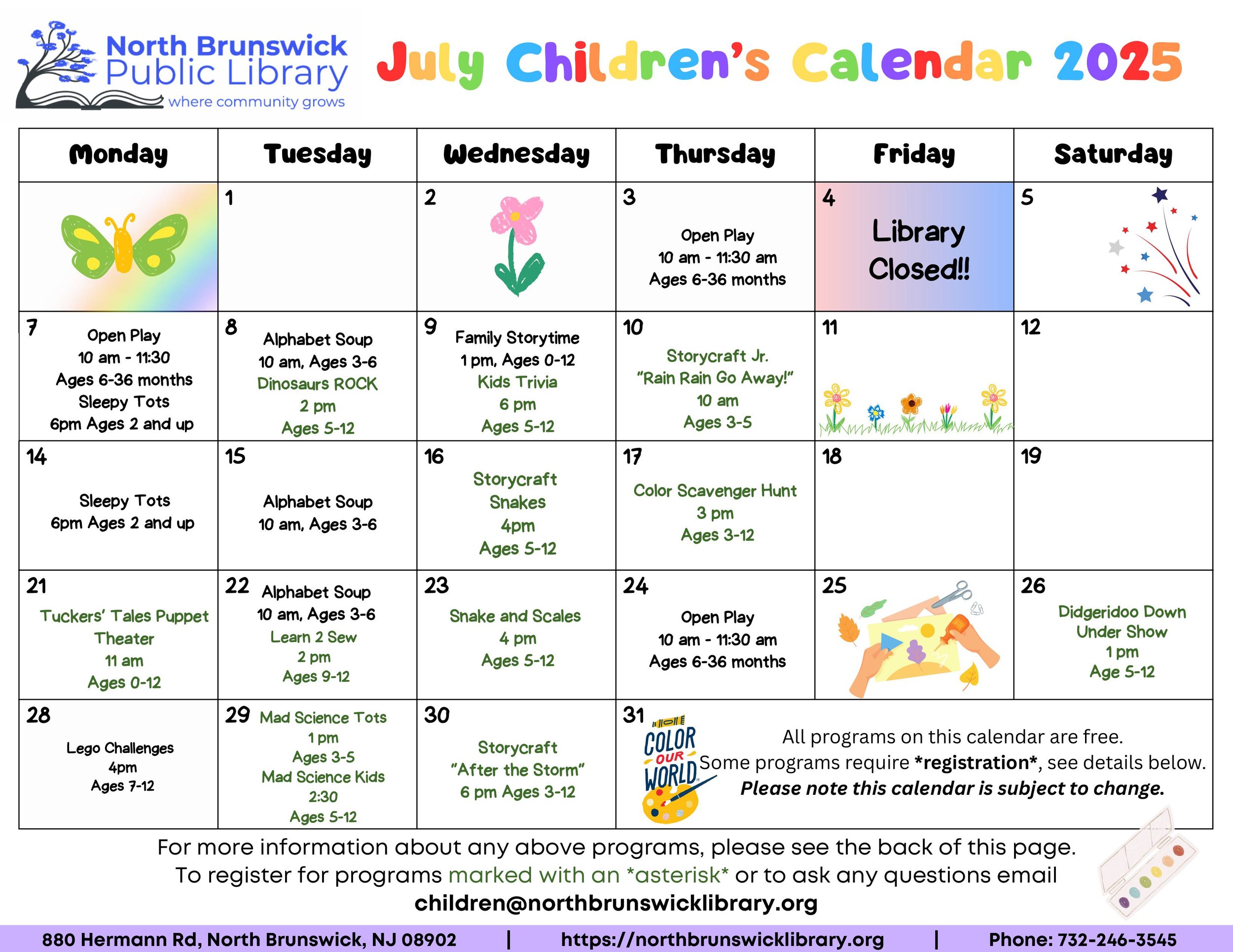 July Children's Calendar 2025 — North Brunswick Public Library
