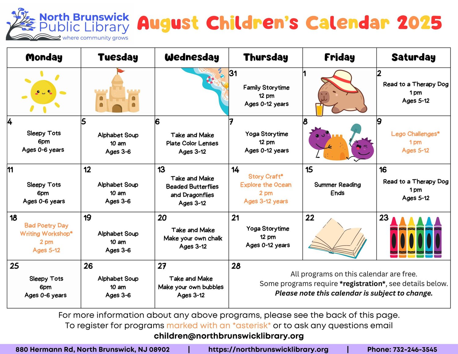 August Children's Calendar — North Brunswick Public Library