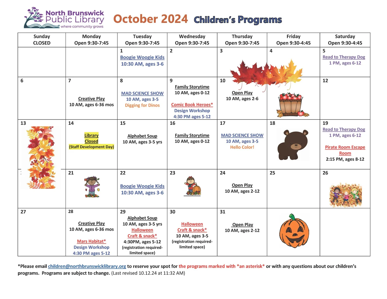 October Children's Calendar 2 — North Brunswick Public Library