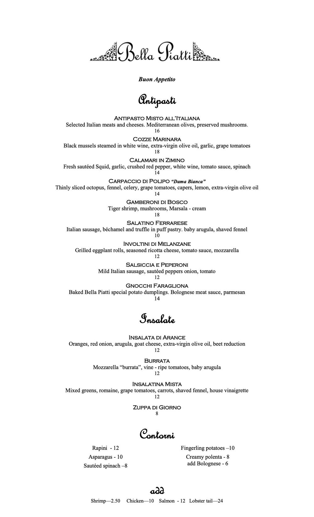 Menu — Bella Piatti