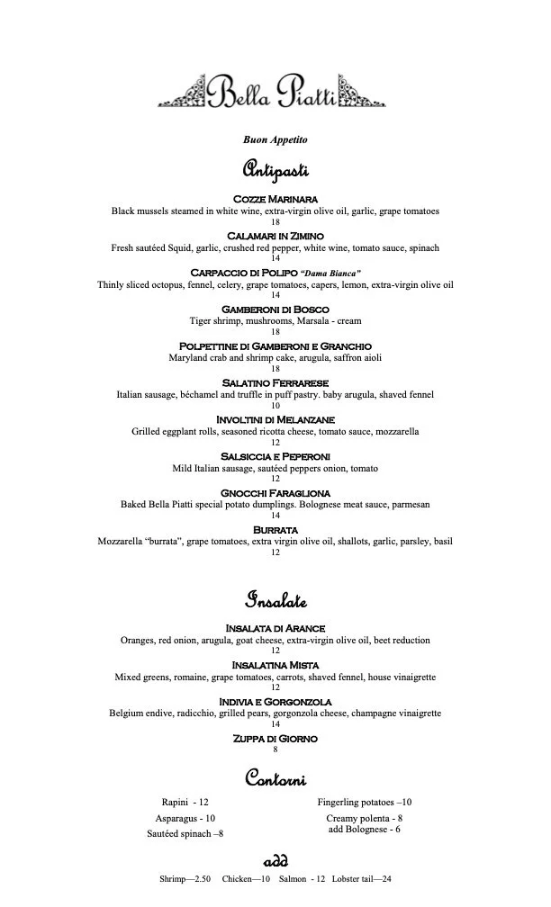 Menu — Bella Piatti