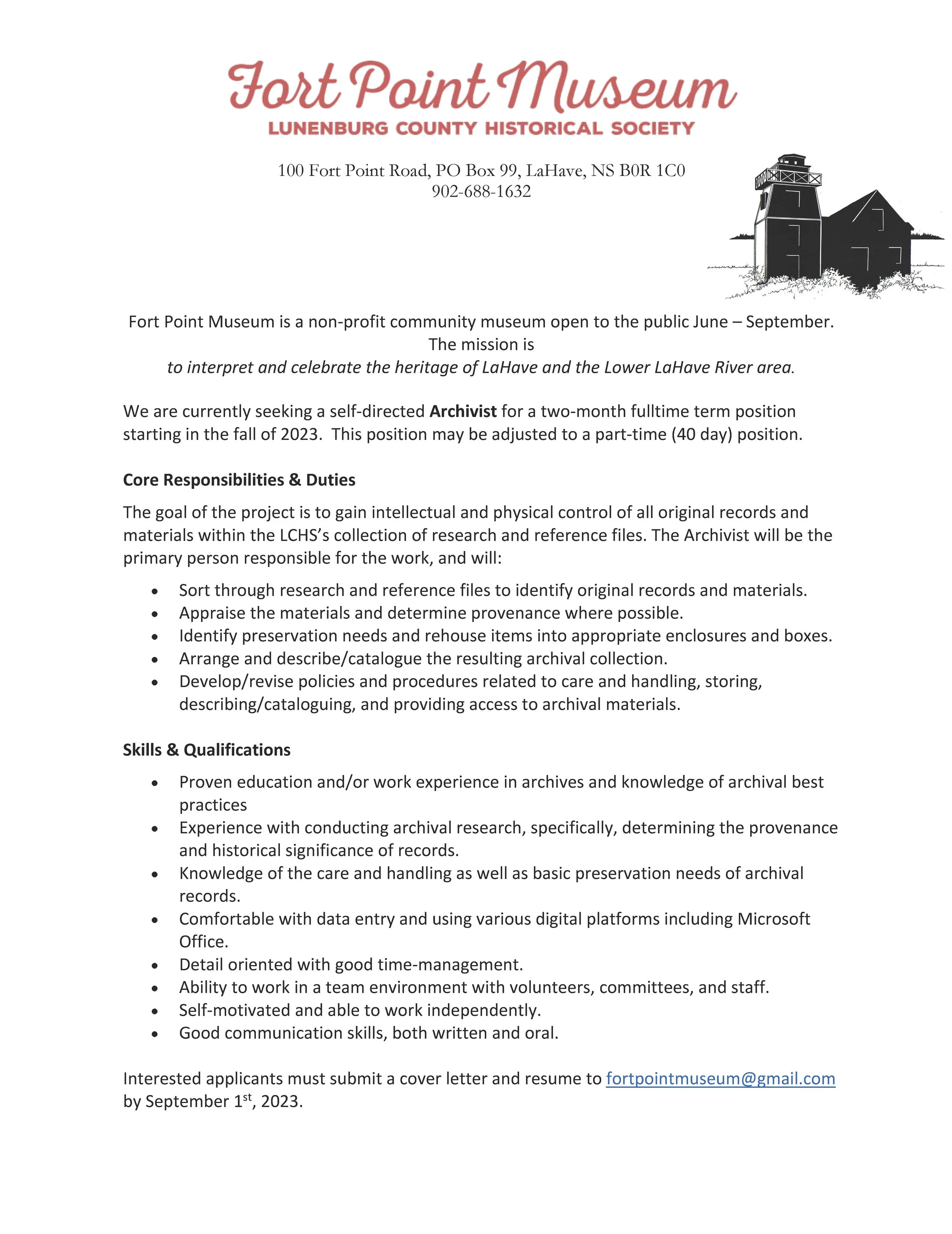 Job Postings — Fort Point Museum