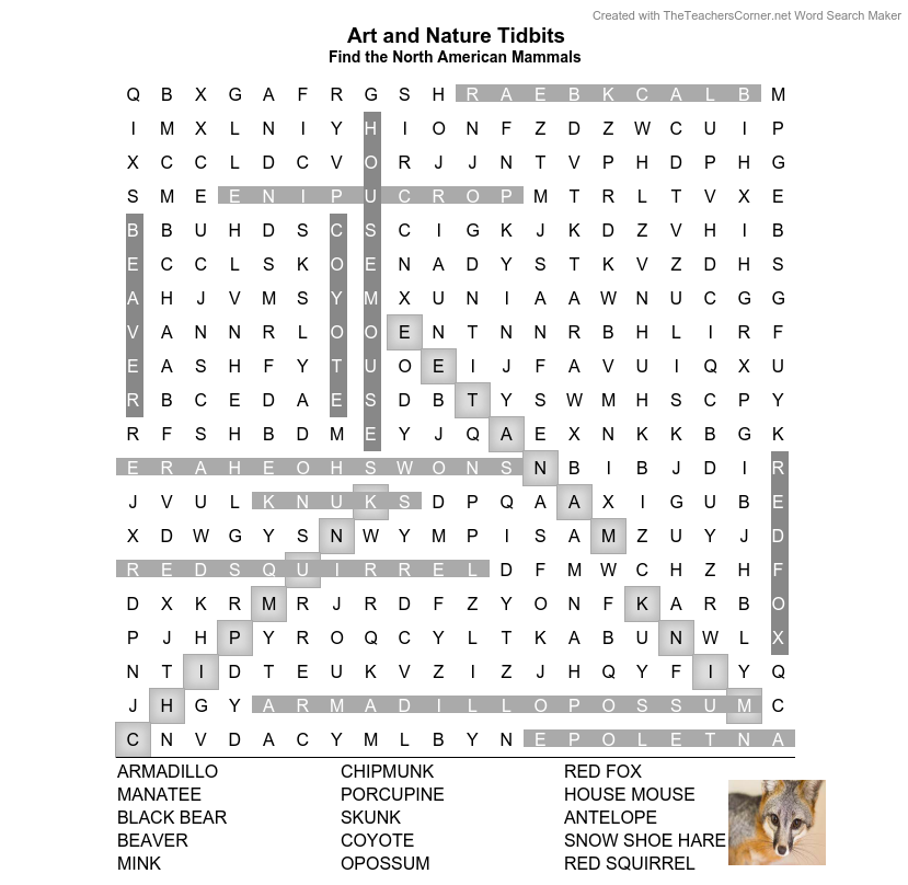 North American Mammals Word Search Key — Art & Nature Center