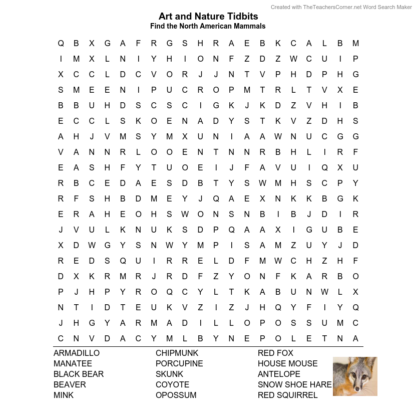 North American Mammals Word Search — Art & Nature Center