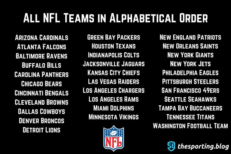 NFL Team List The 32 NFL Teams In Alphabetical Order The Sporting Blog NFL Team List The 32 NFL Teams In Alphabetical Order The Sporting Blog