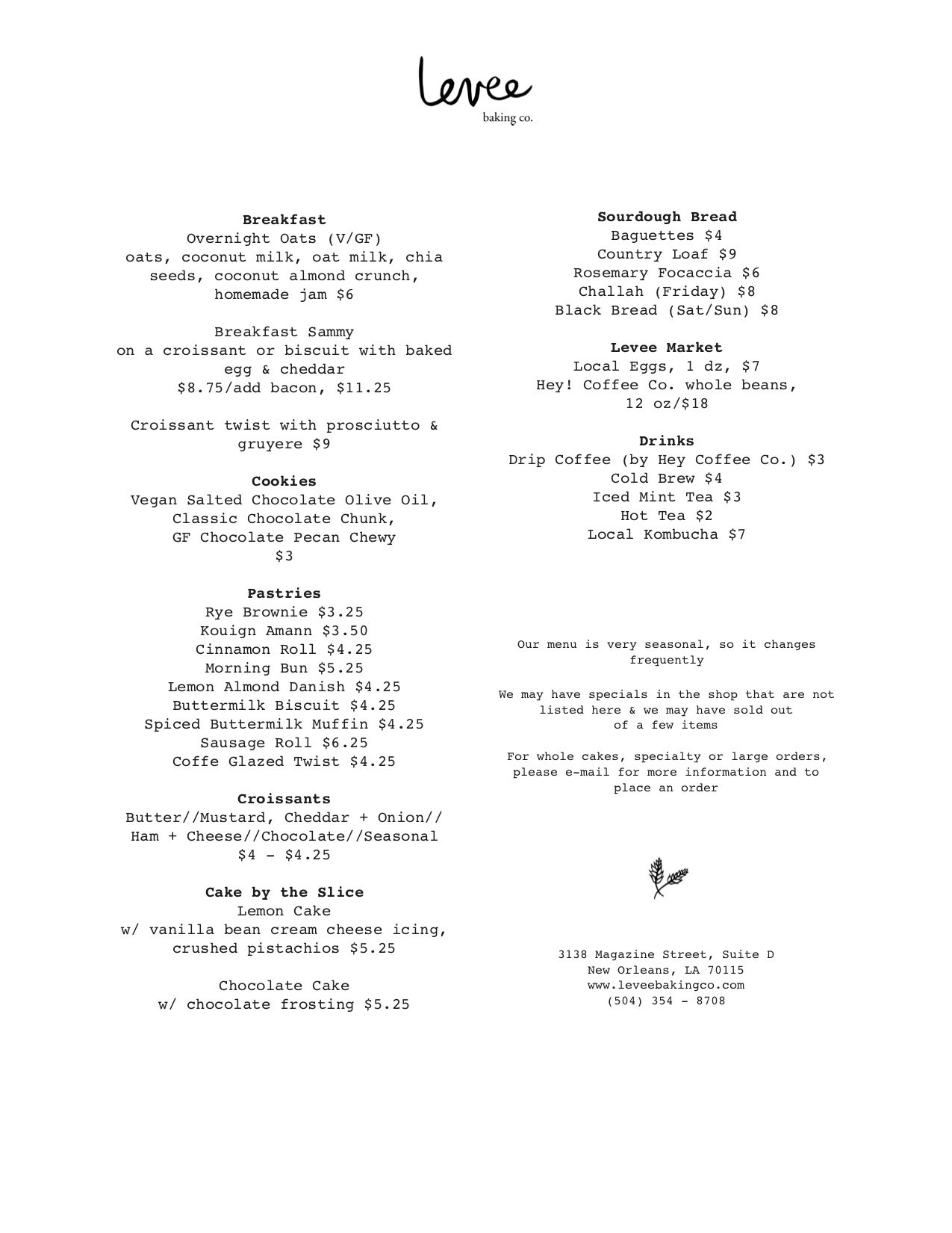 everyday menu — Levee Baking Co.