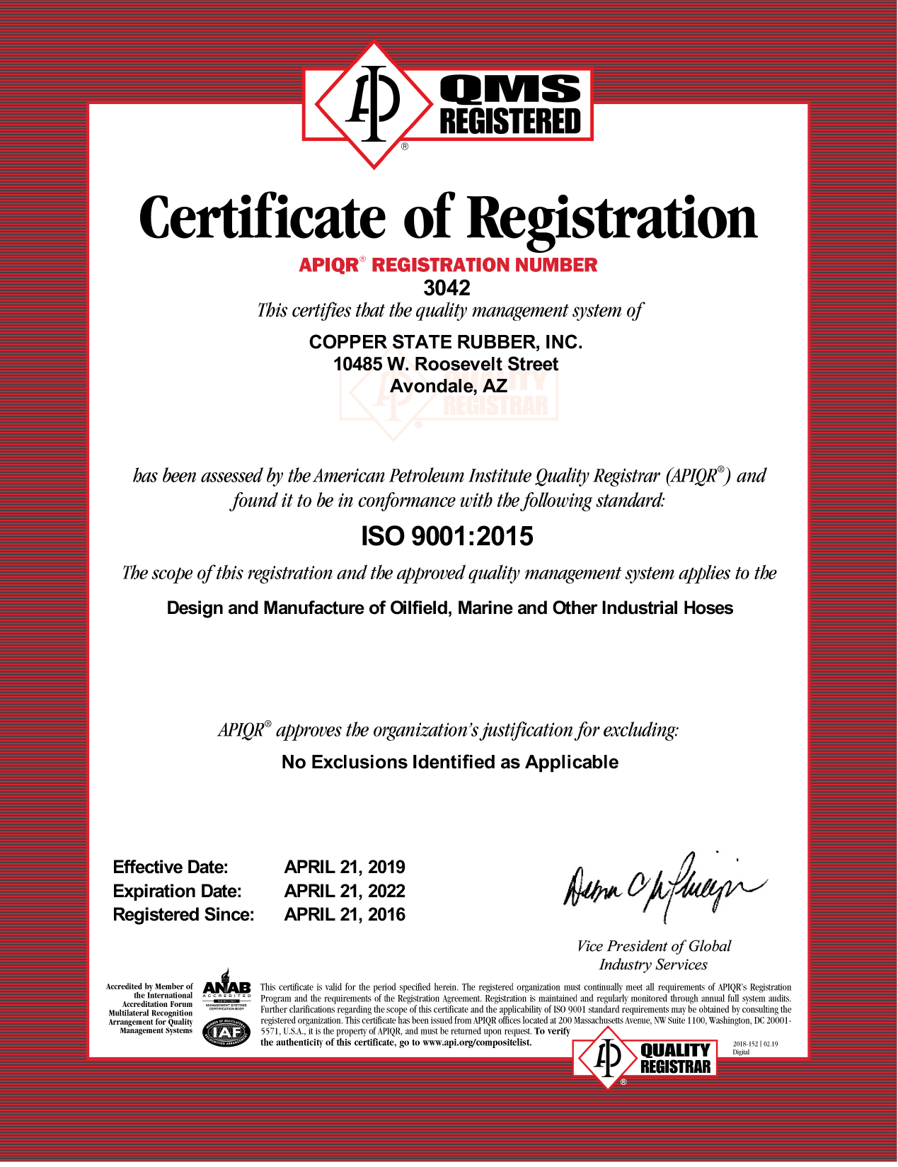 Certificates — Copper State Rubber