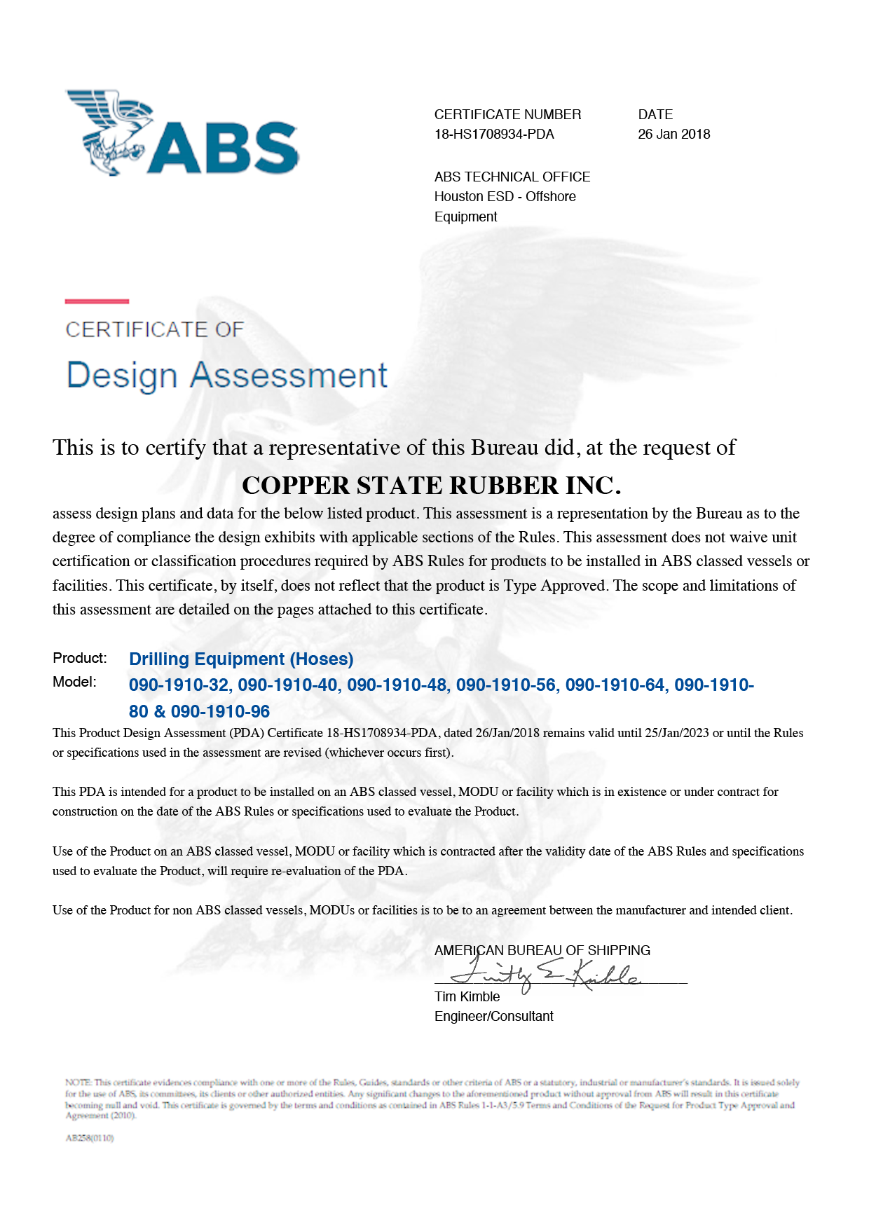 Certificates — Copper State Rubber