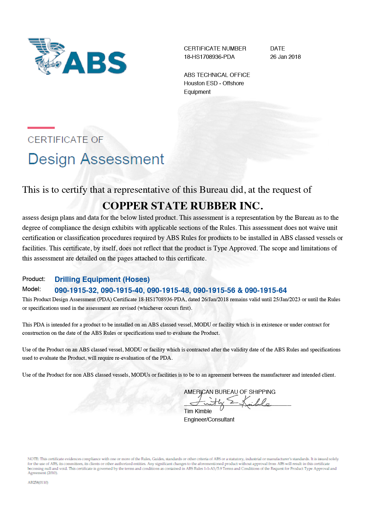 Certificates — Copper State Rubber