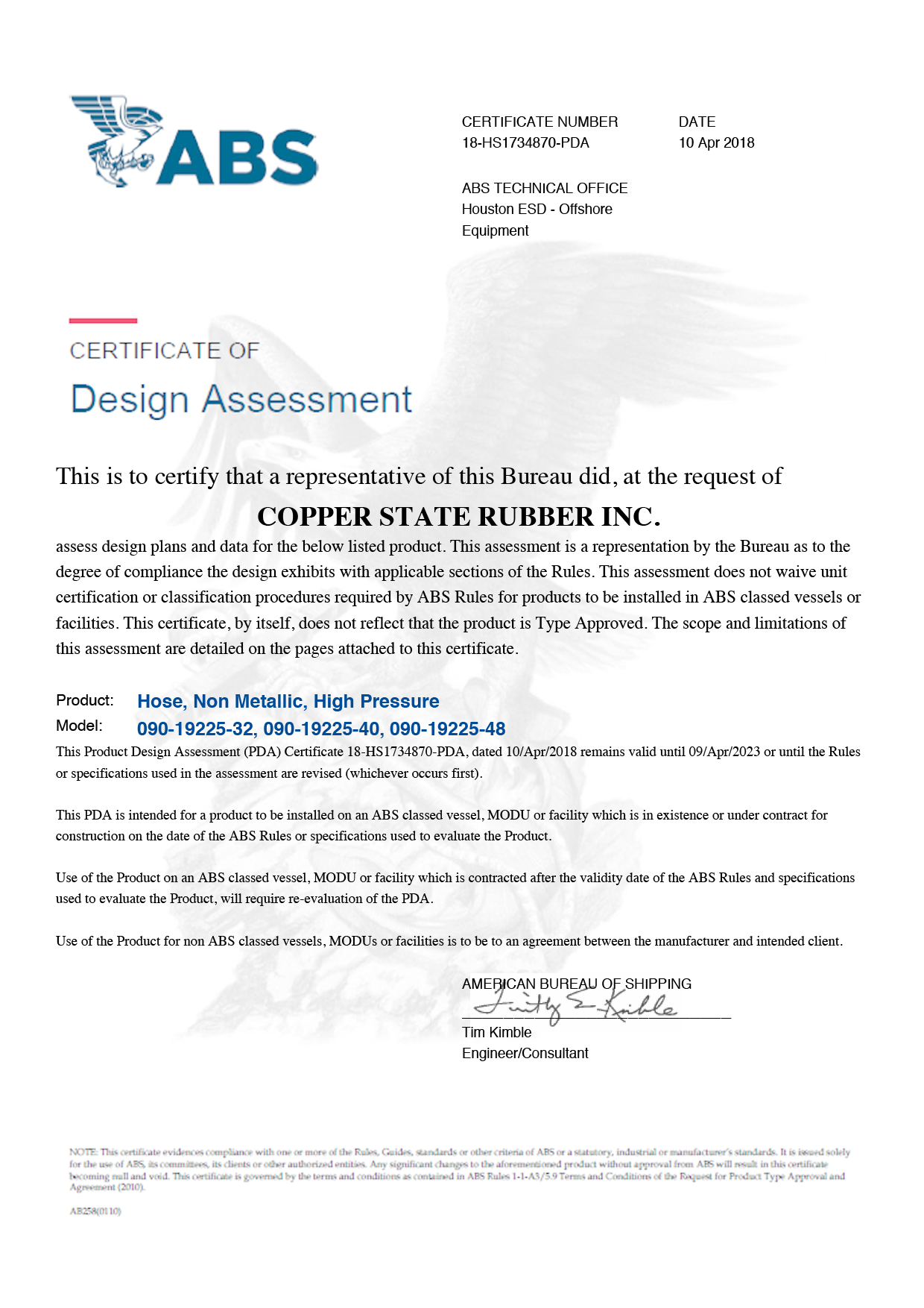 Certificates — Copper State Rubber