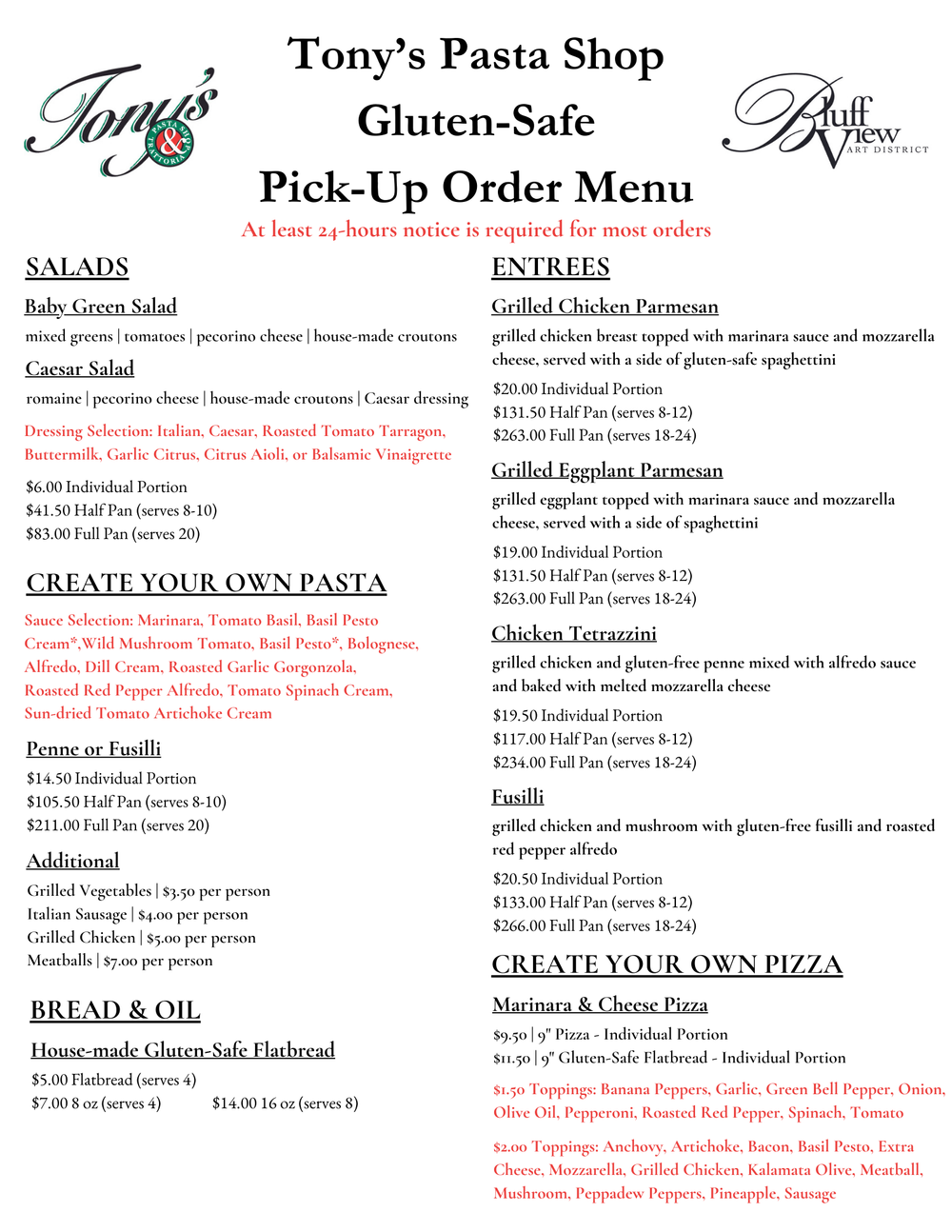 Tony's Catering - Pick-Up Menu — Bluff View Art District