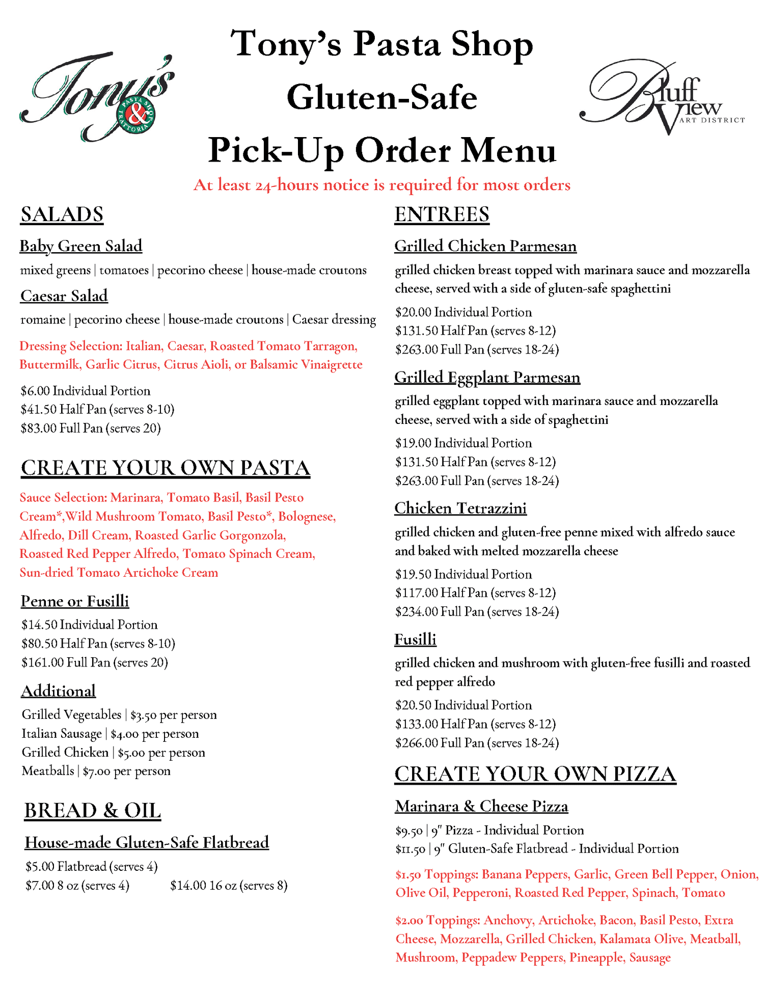 Tony's Catering - Pick-Up Menu — Bluff View Art District