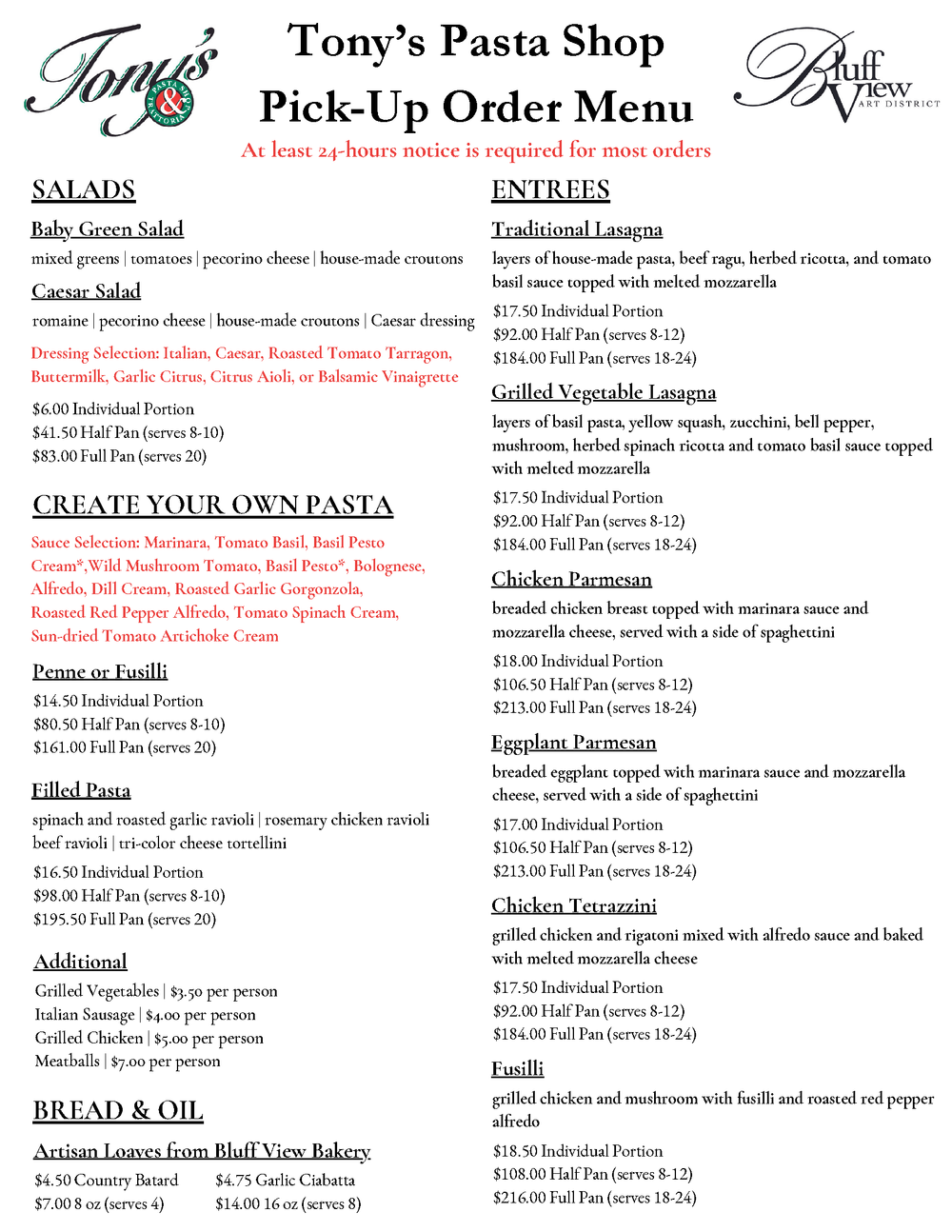 Tony's Catering - Pick-Up Menu — Bluff View Art District