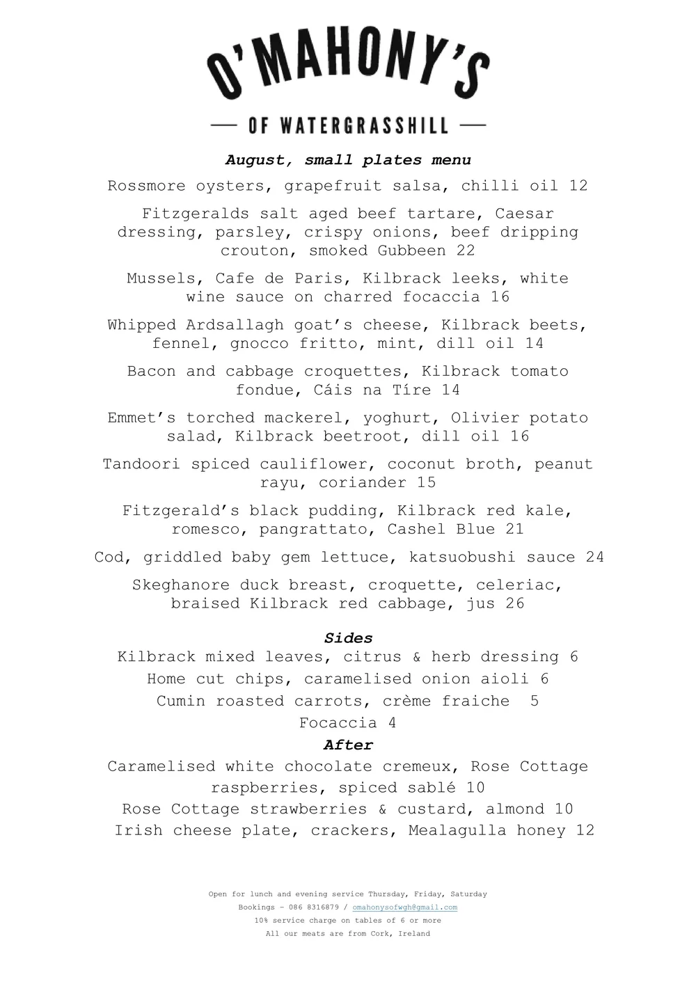 Menu — O'Mahony's of Watergrasshill