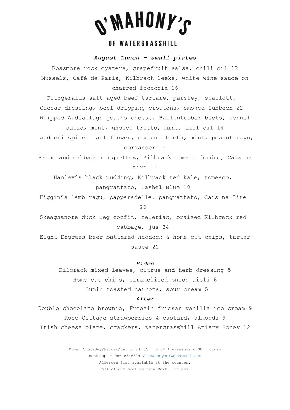 Menu — O'Mahony's of Watergrasshill