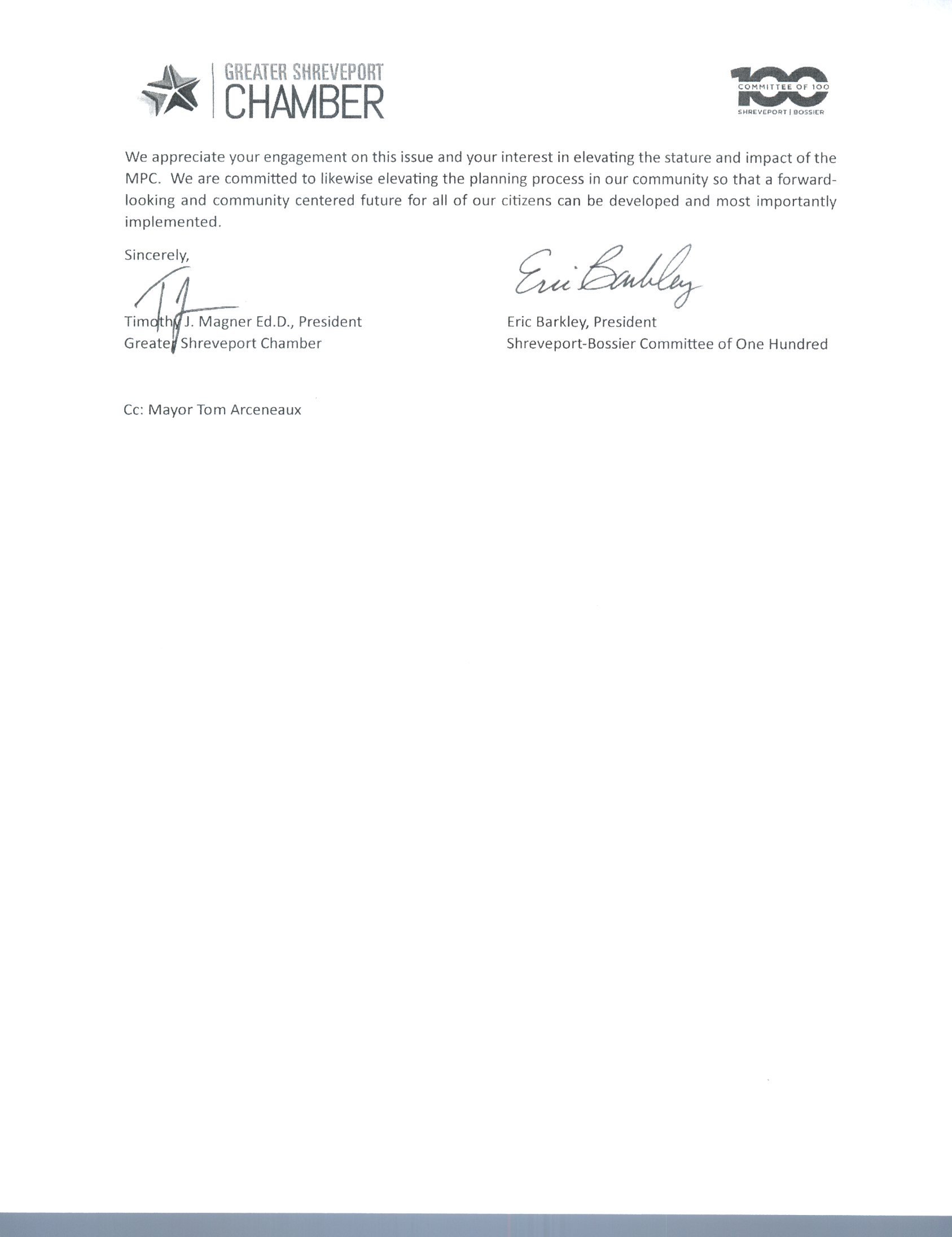 SHREVEPORT CHAMBER LETTER TO MPC ON MASTER PLAN RFP — SettleTalk.com