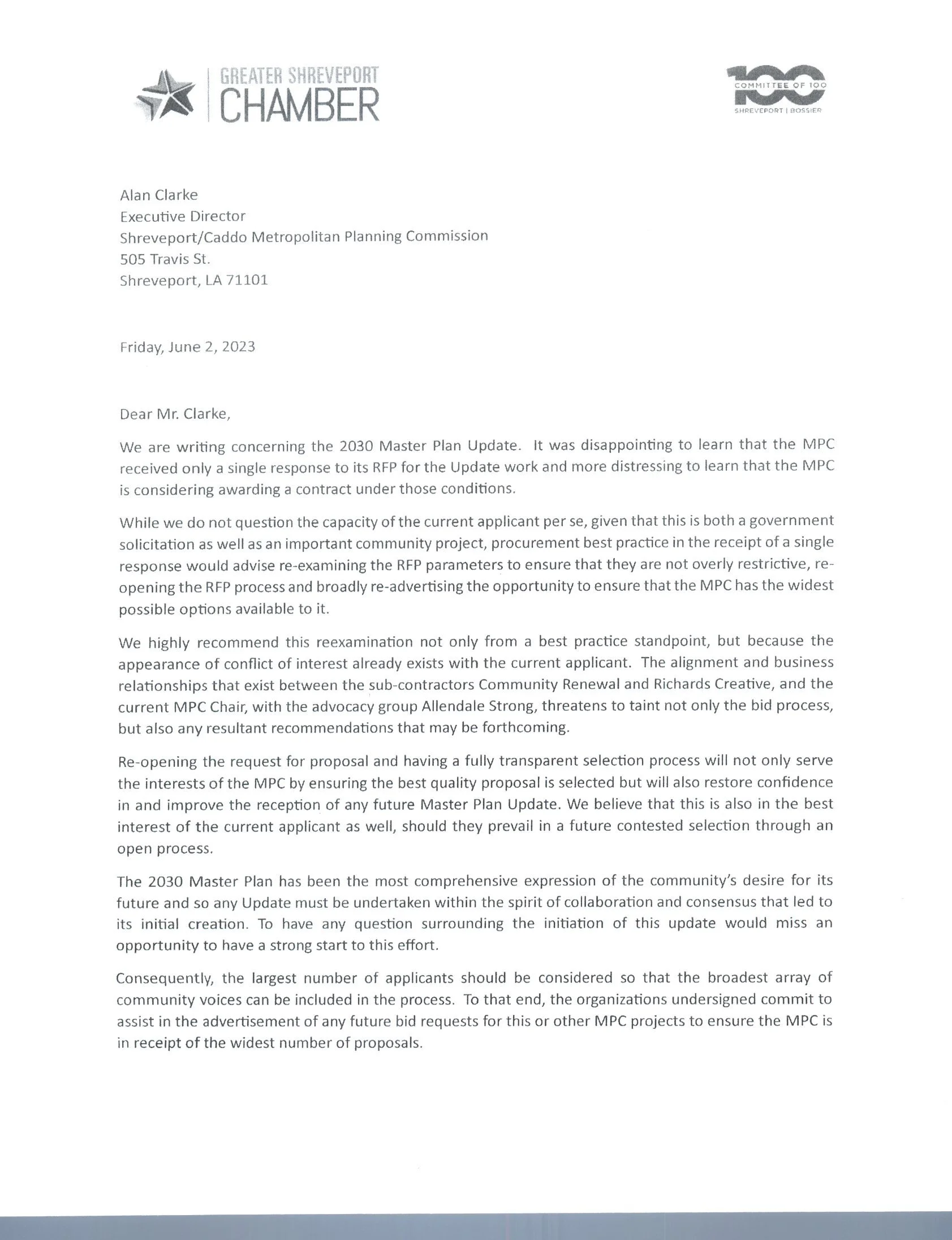 SHREVEPORT CHAMBER LETTER TO MPC ON MASTER PLAN RFP — SettleTalk.com