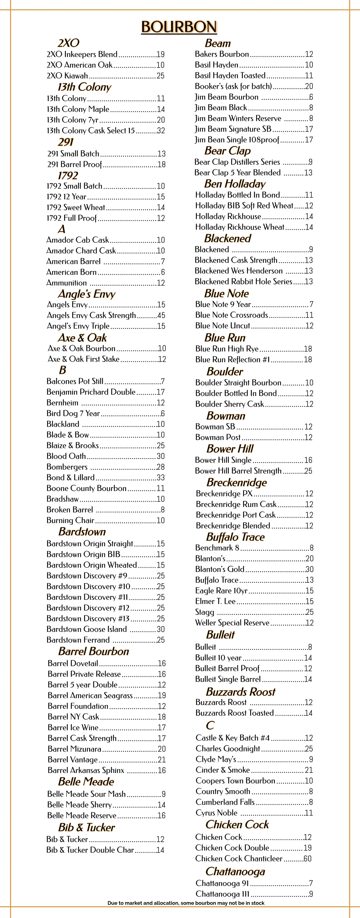 Bourbon Menu — 501 PRIME