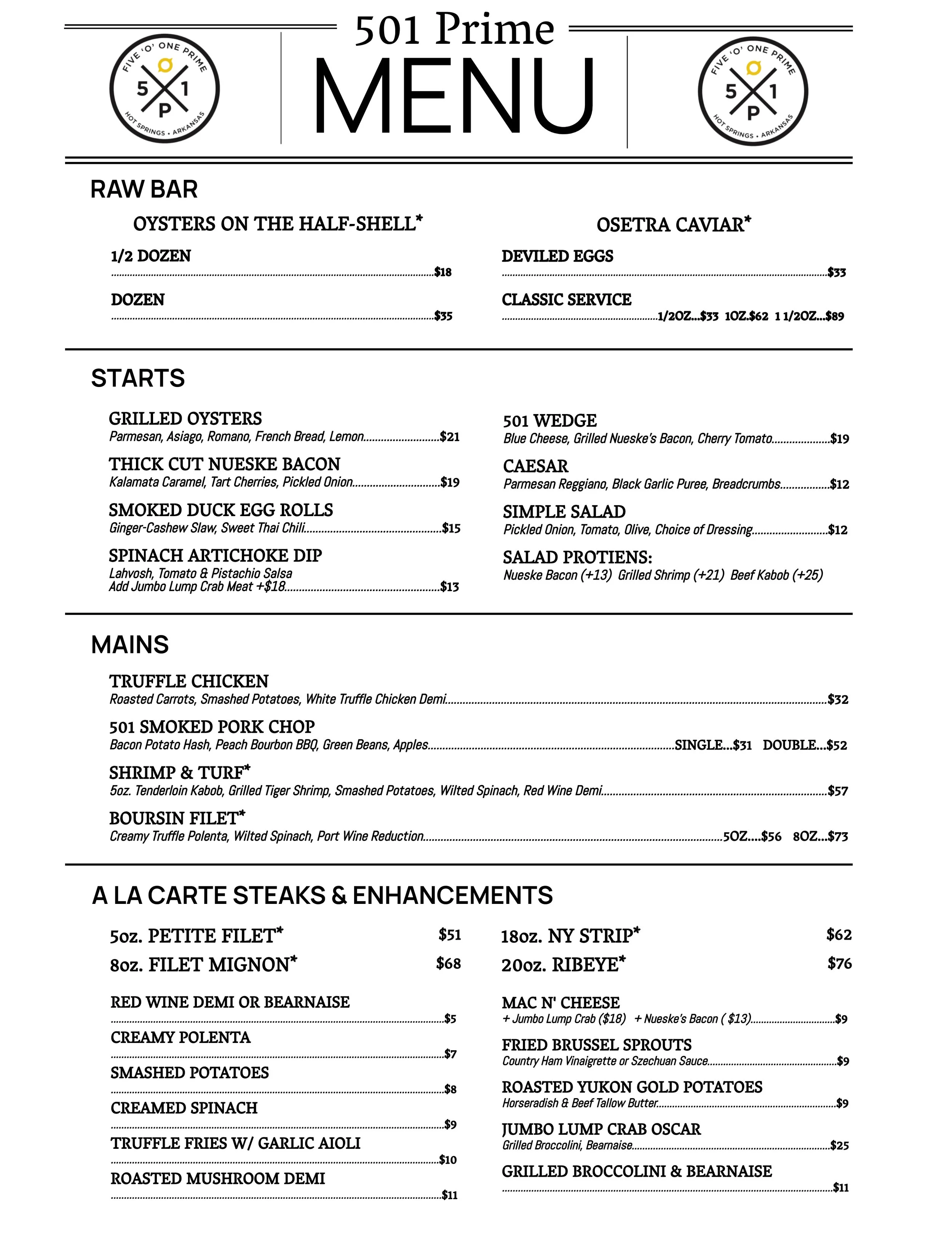 Example Sample Menu — 501 PRIME