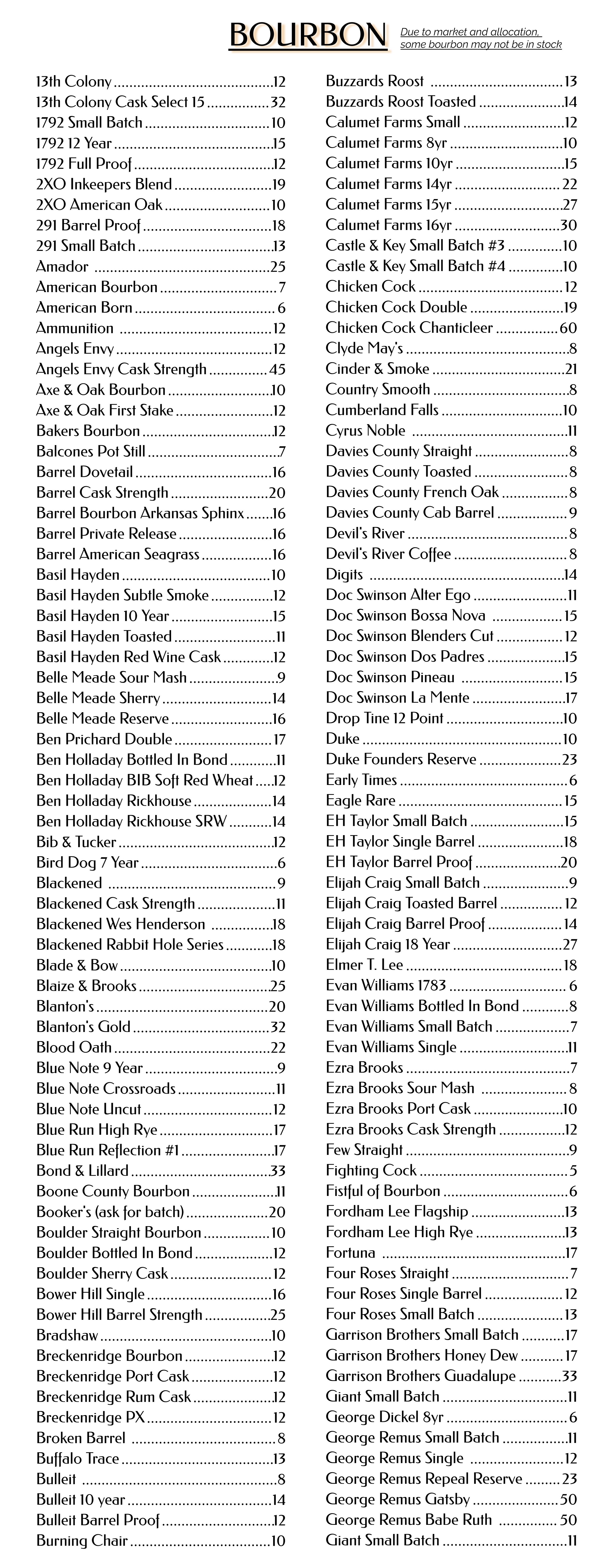 Bourbon Menu — 501 PRIME