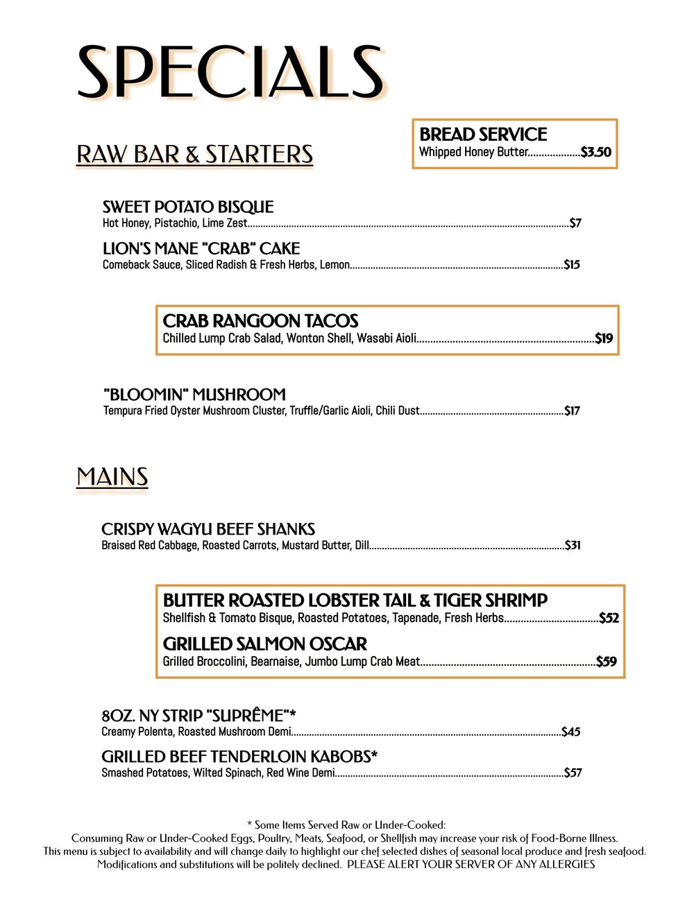 Daily Menu — 501 PRIME
