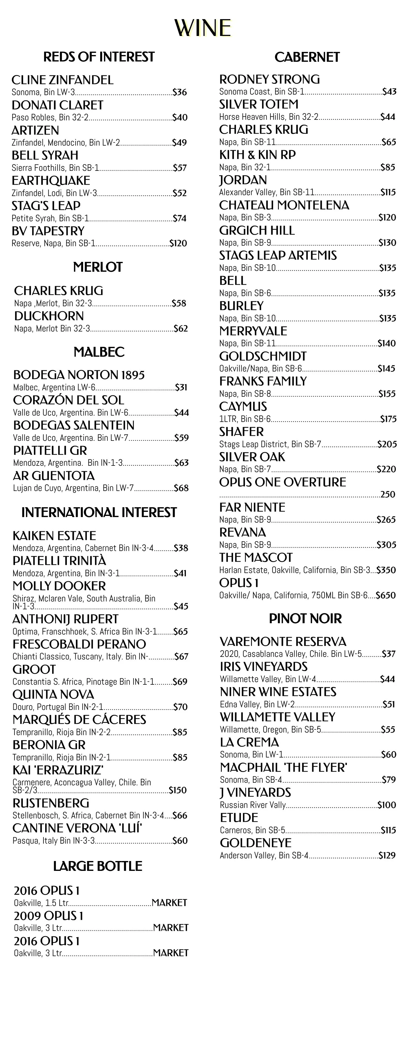 Wine List — 501 PRIME