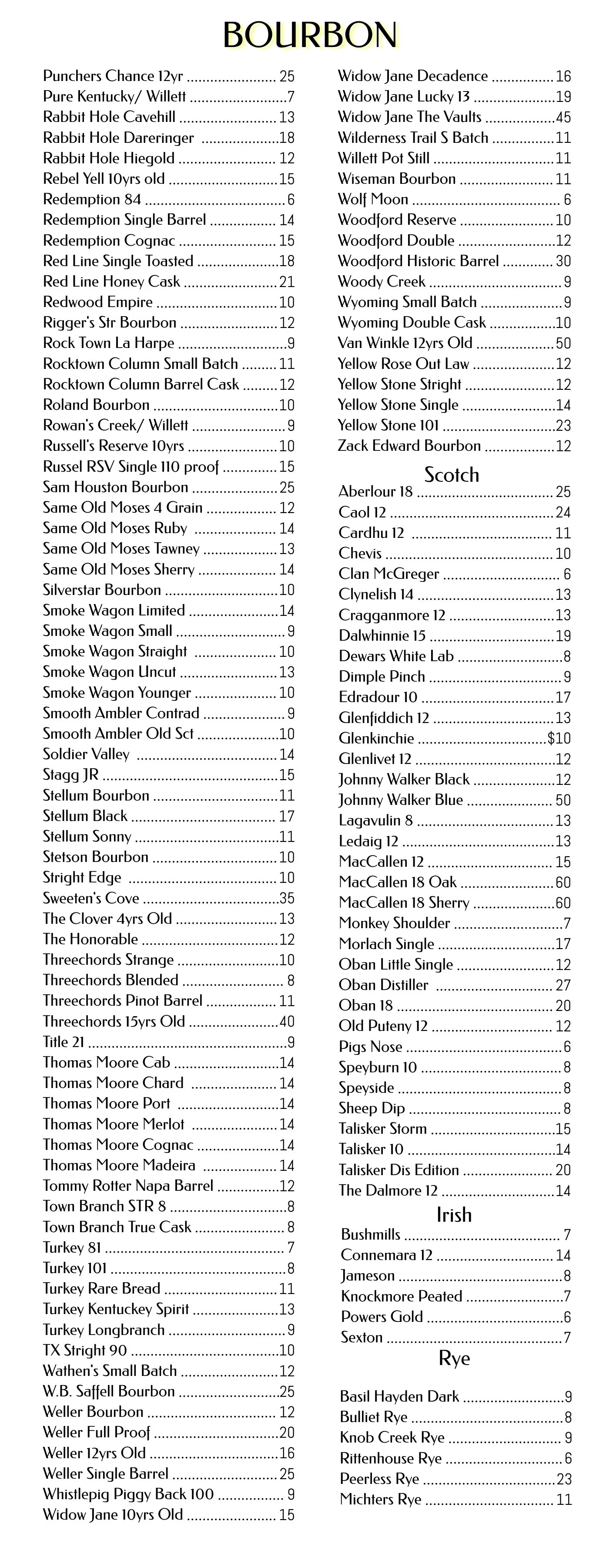 Bourbon Menu — 501 PRIME
