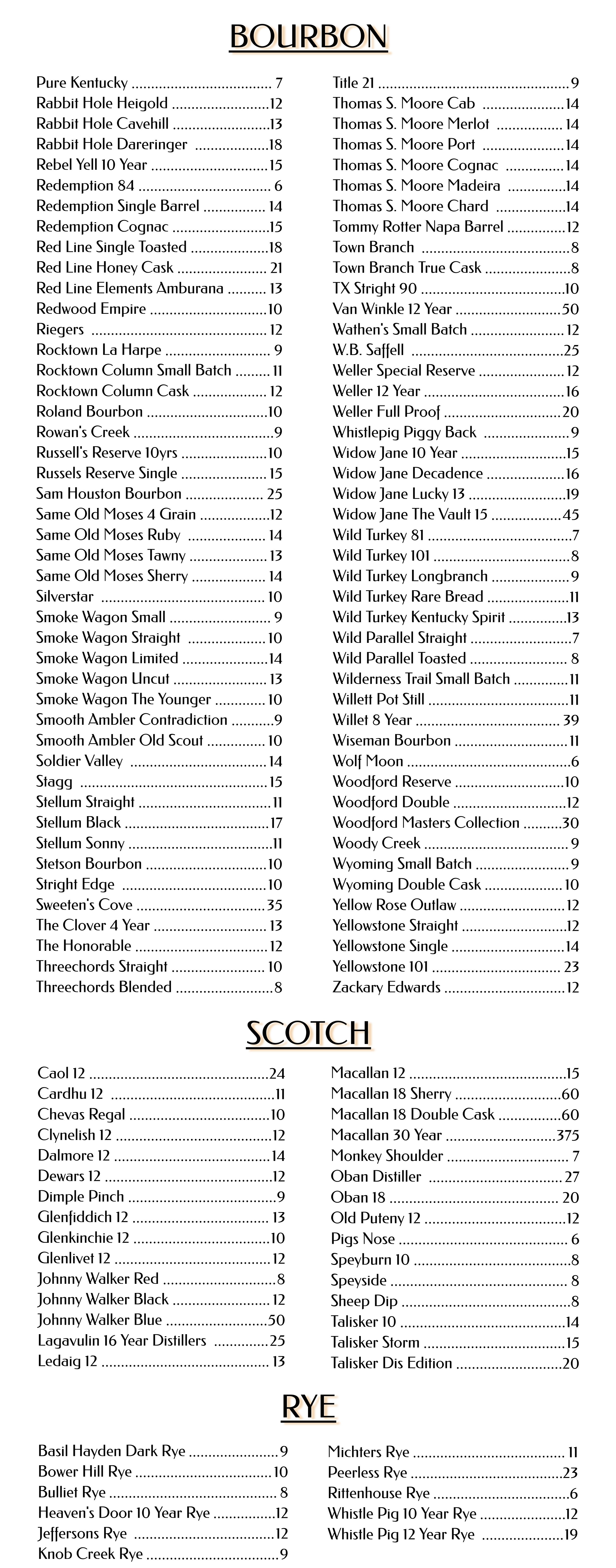 Bourbon Menu — 501 PRIME