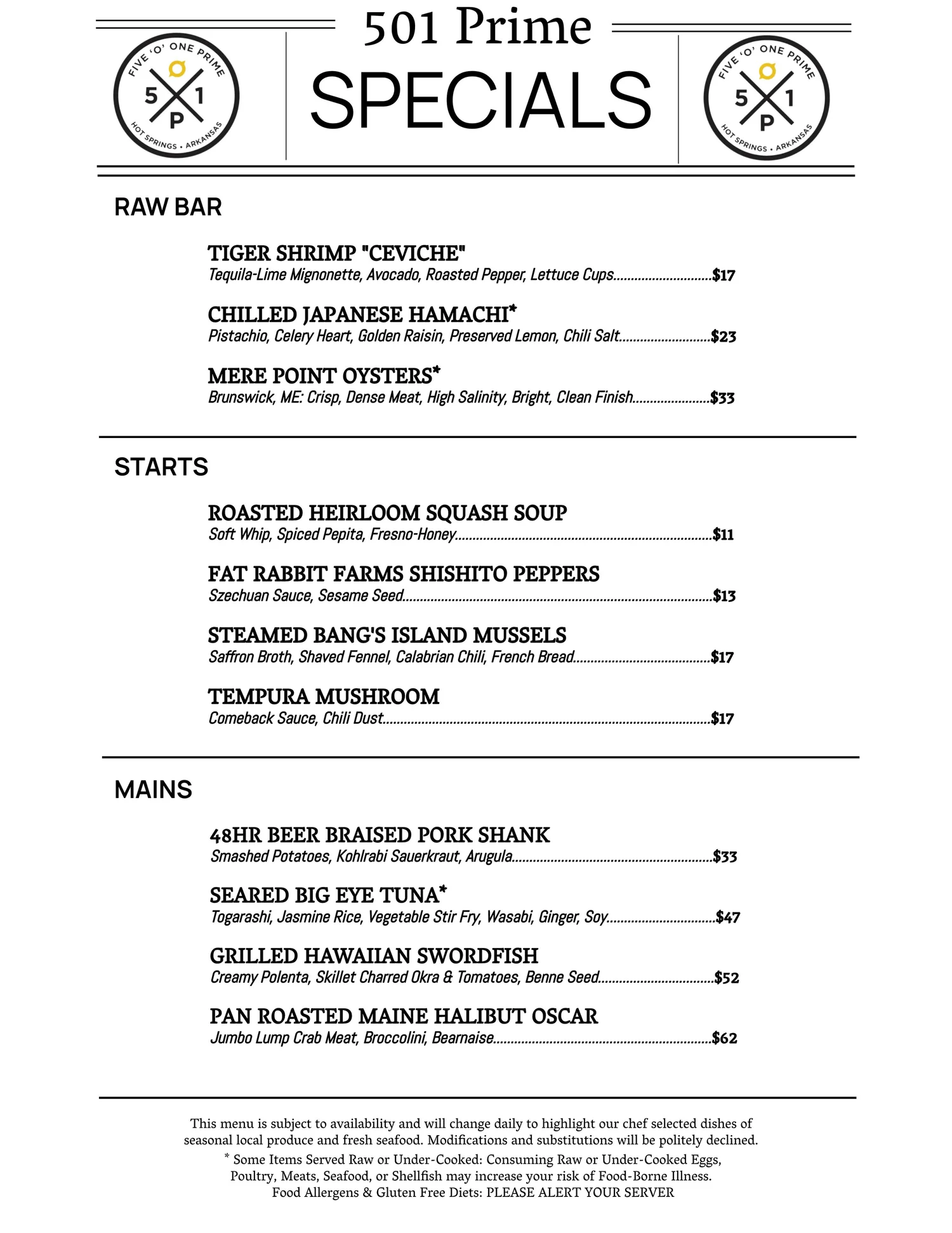 Example Sample Menu — 501 PRIME