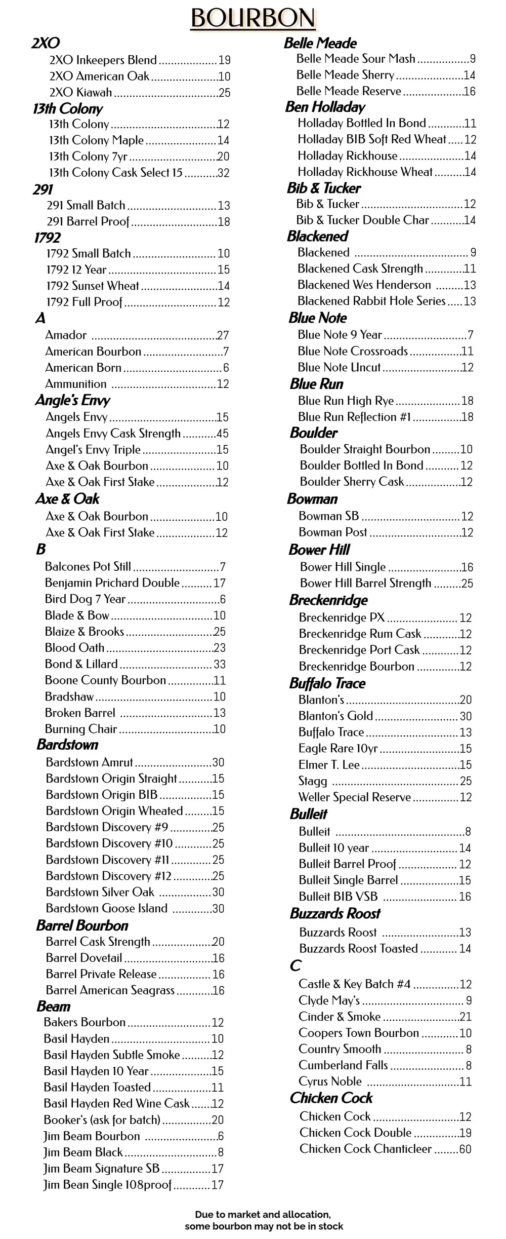 Bourbon Menu — 501 PRIME
