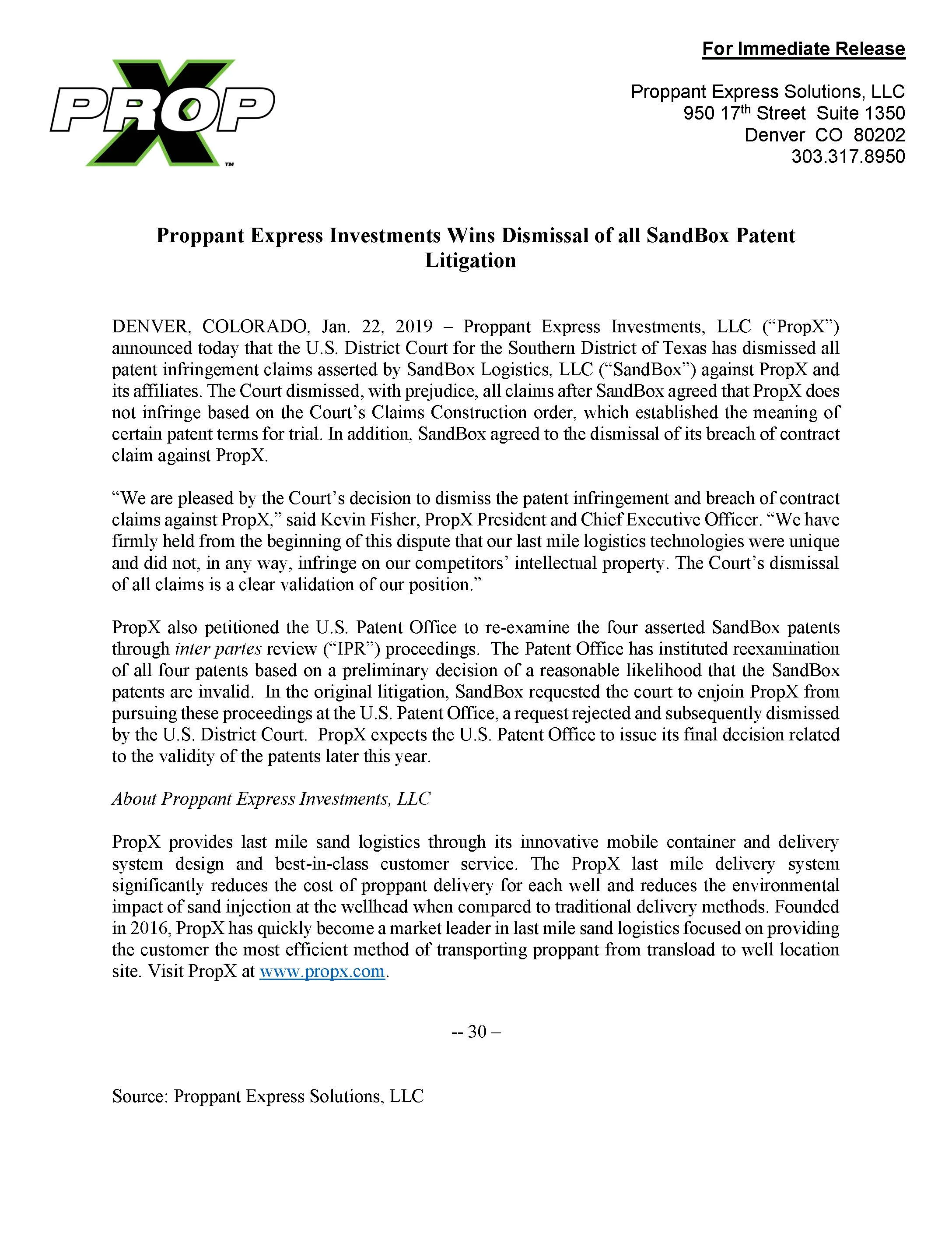 Proppant Express Investments Wins Dismissal of all SandBox Patent ...