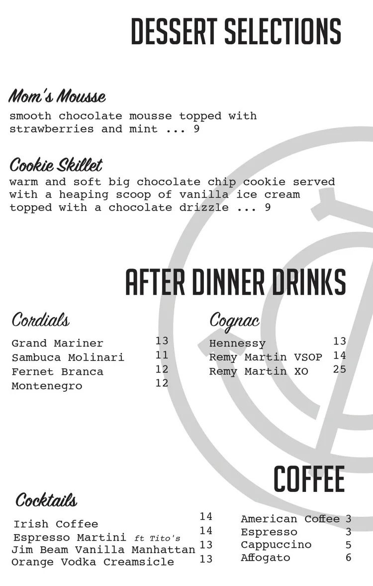Dessert Menu — Cunard Tavern