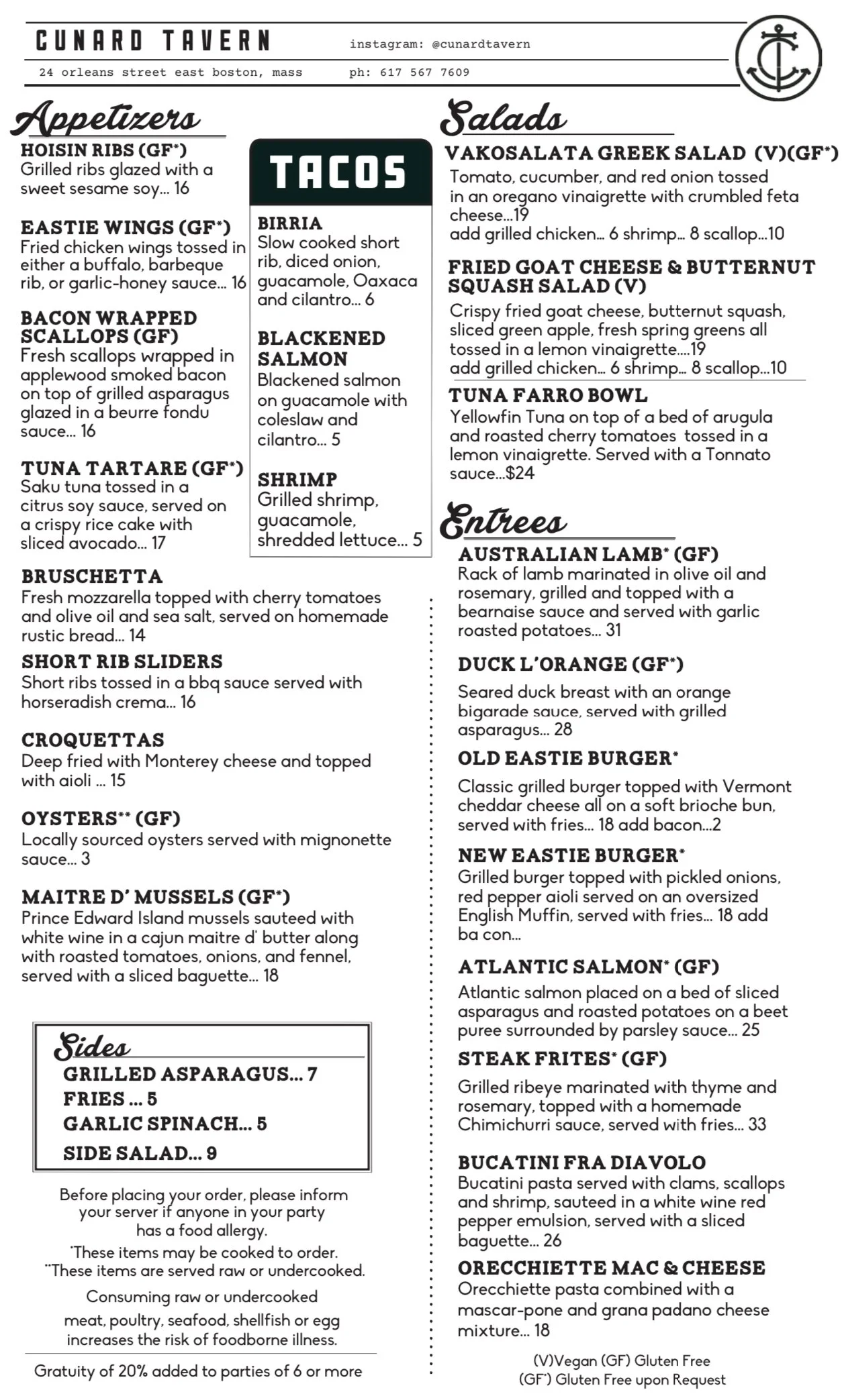 Main Menu — Cunard Tavern