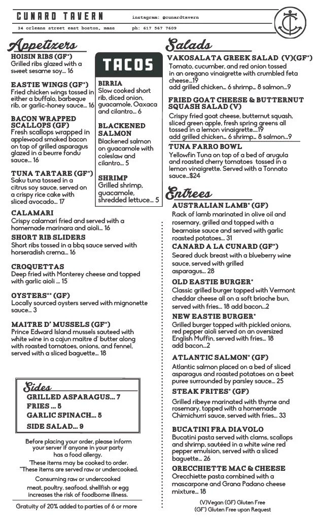 Main Menu — Cunard Tavern