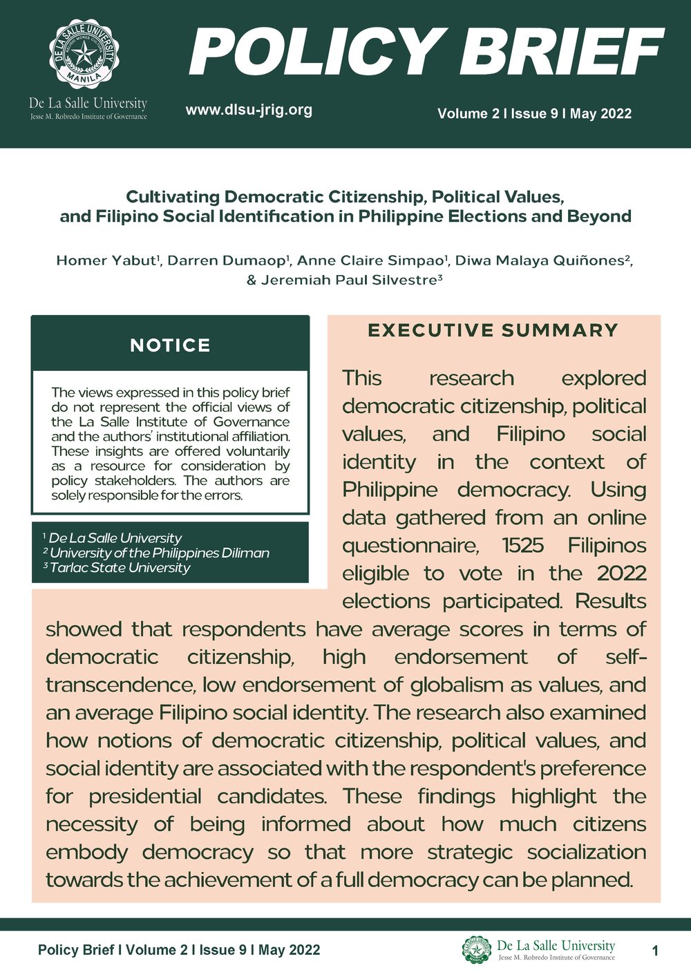 Policy Briefs — DLSU-JRIG