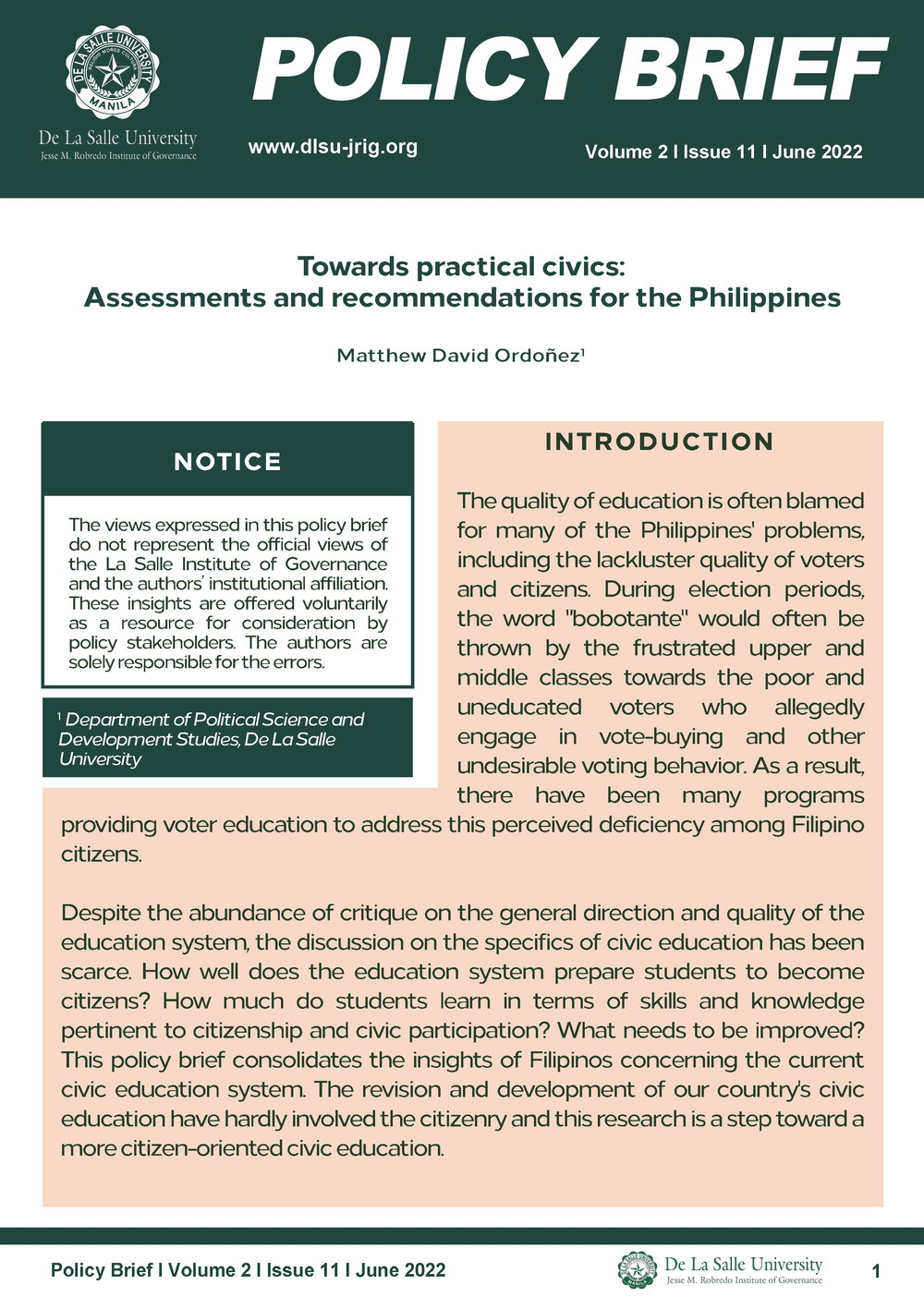 Policy Briefs — DLSU-JRIG