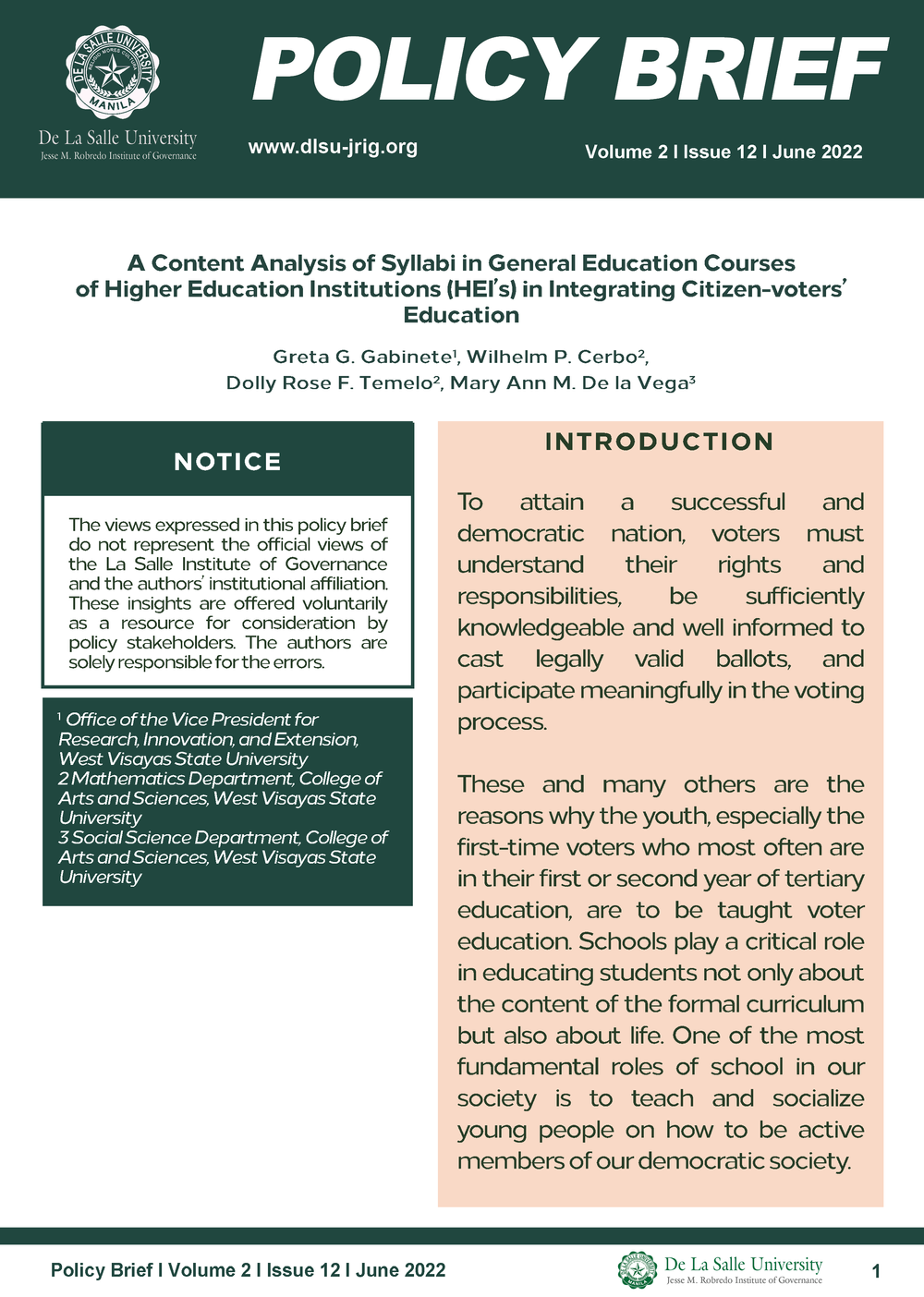 Policy Briefs — DLSU-JRIG