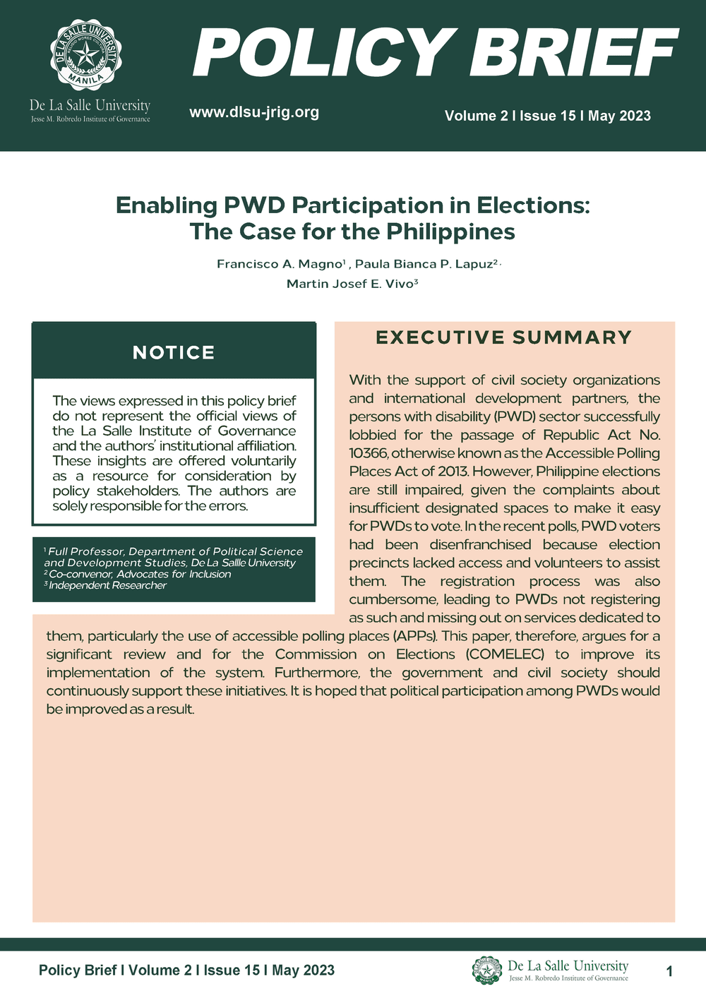 Policy Briefs — DLSU-JRIG