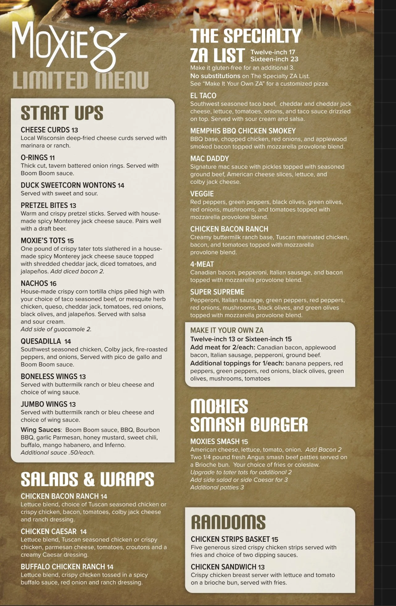 Food Menu at Moxie's - Pub & Tiki Bar in La Crosse, WI
