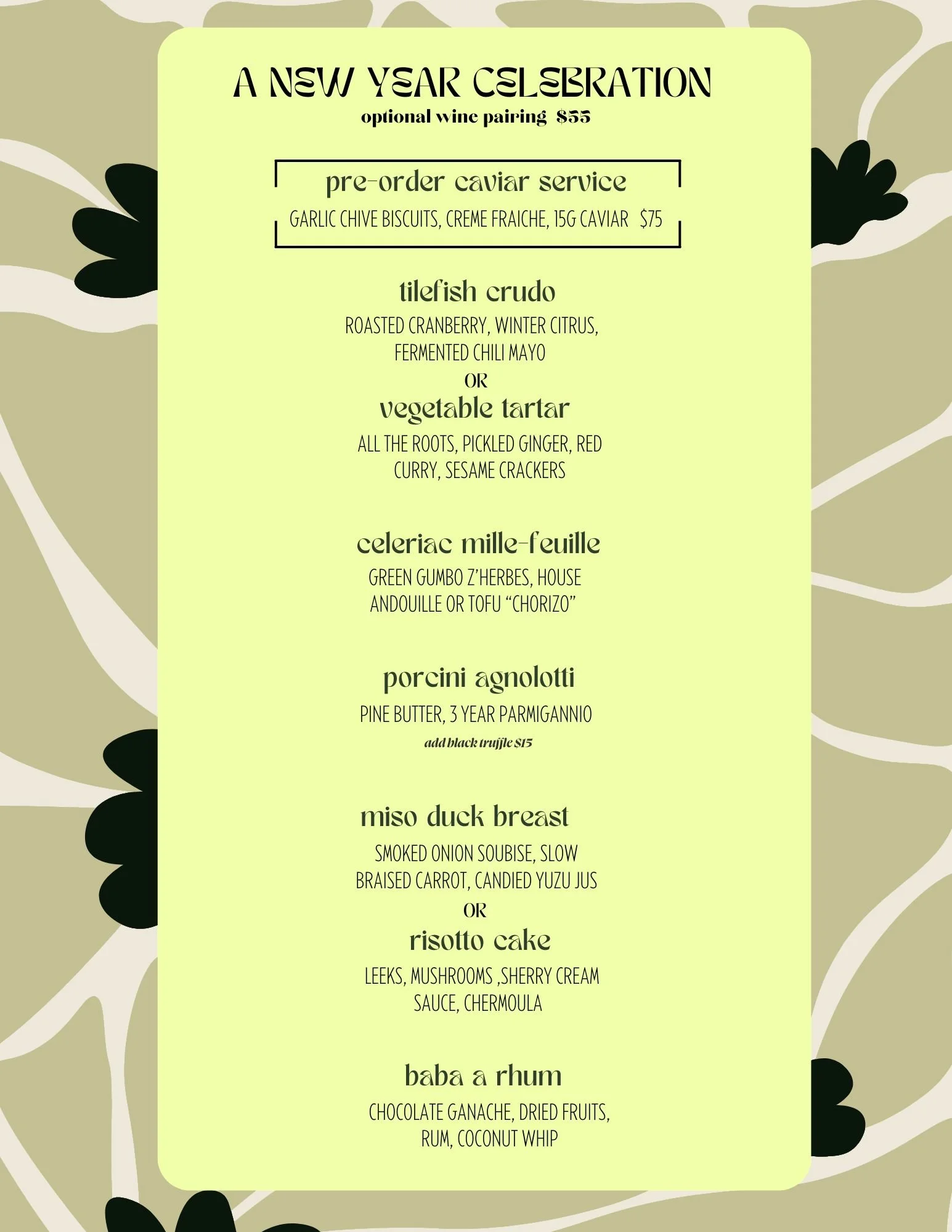 NYE SNEAK PEAK MENU - NITE BRUNCH! — field & vine